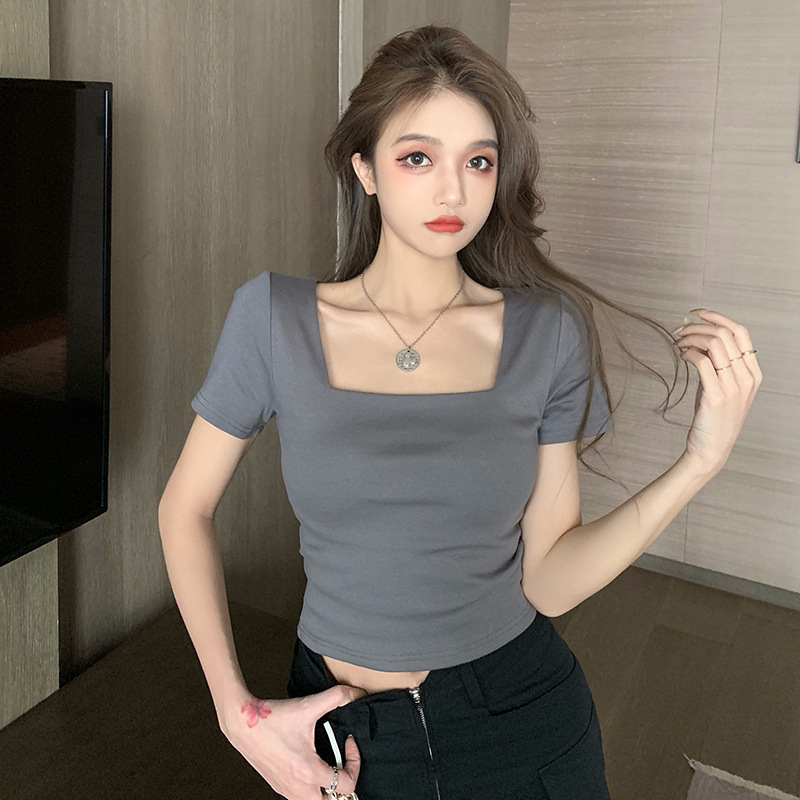 Women's Solid Color Short Square Neck Short Sleeve T-Shirt crop top ...