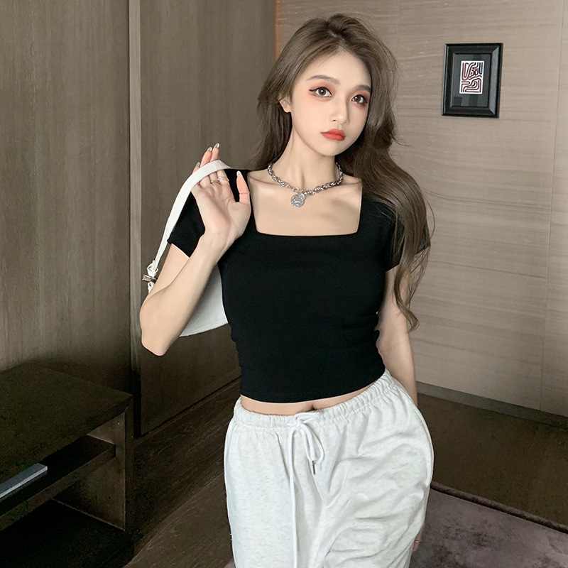 Women's Solid Color Short Square Neck Short Sleeve T-Shirt crop top ...
