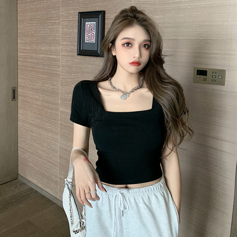 Women's Solid Color Short Square Neck Short Sleeve T-Shirt crop top ...