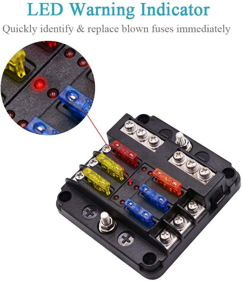12 Volt Fuse Block, Waterproof Boat Fuse Panel with LED Warning ...