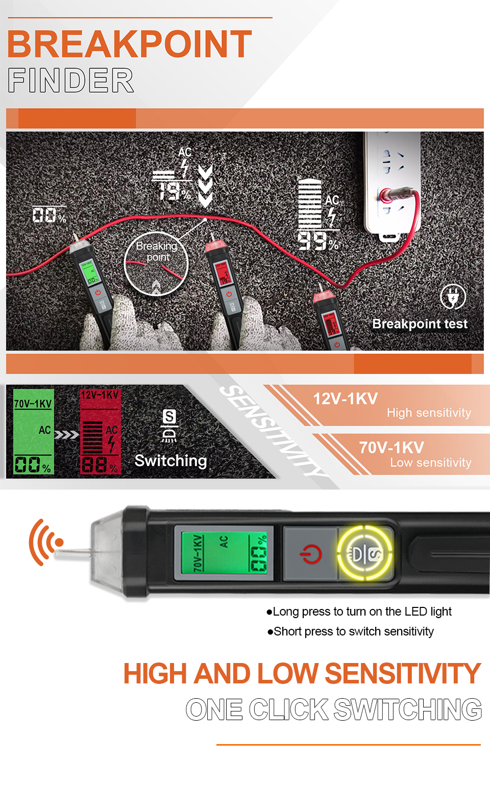 POROMETISTO VD01 voltage test pen 12-1000V non-contact digital voltage ...