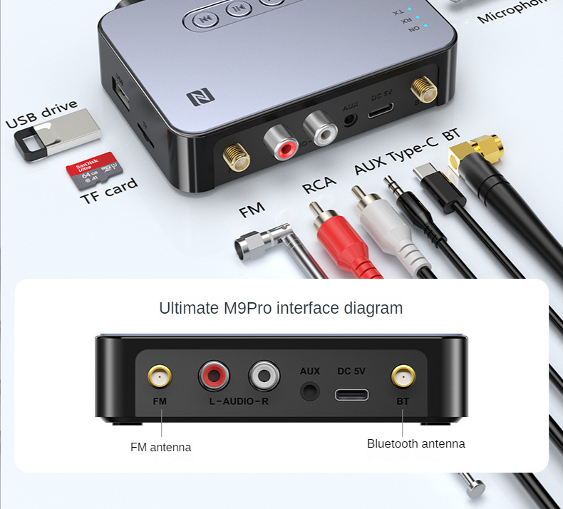 2023 New 5.1 Bluetooth Receiver Transmitter 3.5mm AUX RCA FM Radio Singing M9Pro 3-in-1 NFC ...