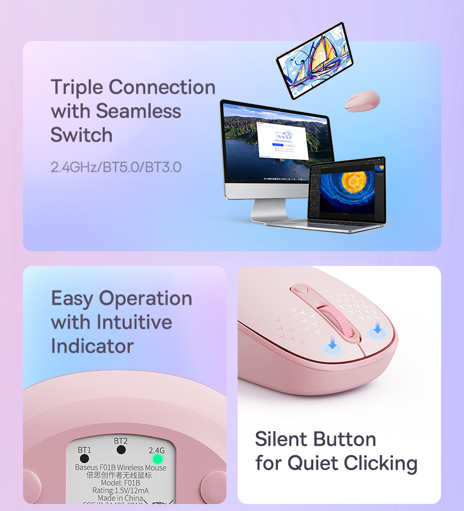 Baseus F01B Tri-Mode Bluetooth Wireless Silent Mouse For Tablet Laptop ...