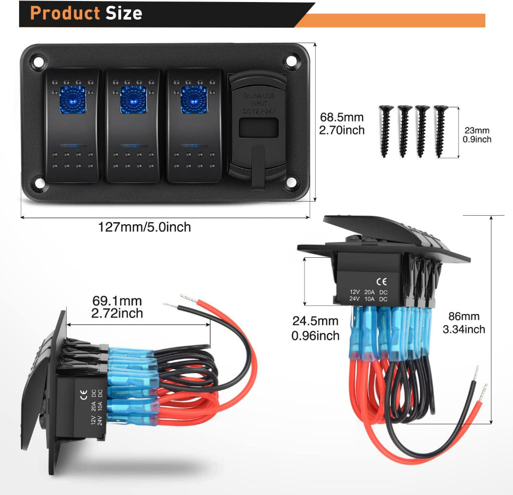3 Gang Rocker Switch Panel Blue Backlit with 4.8 Amp Dual USB Charger ...