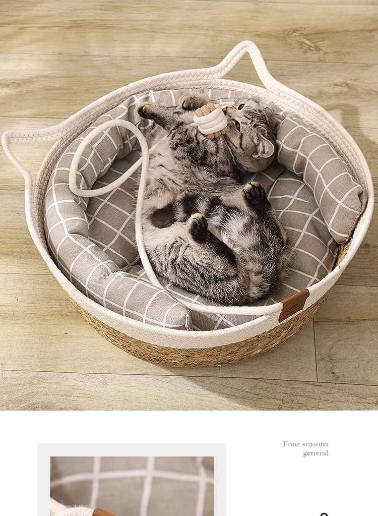 Cat Rattan Bed basket house Pet Sleeping Bed Washable Removable Kitten ...