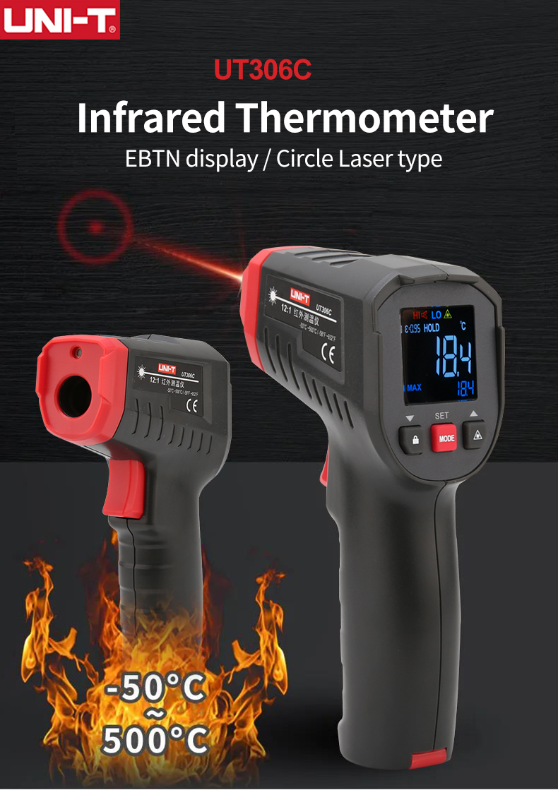 UNIT UT306S UT306C Digital Thermometer -50℃ ~ 500℃ Non-contact Industrial Infrared Laser ...