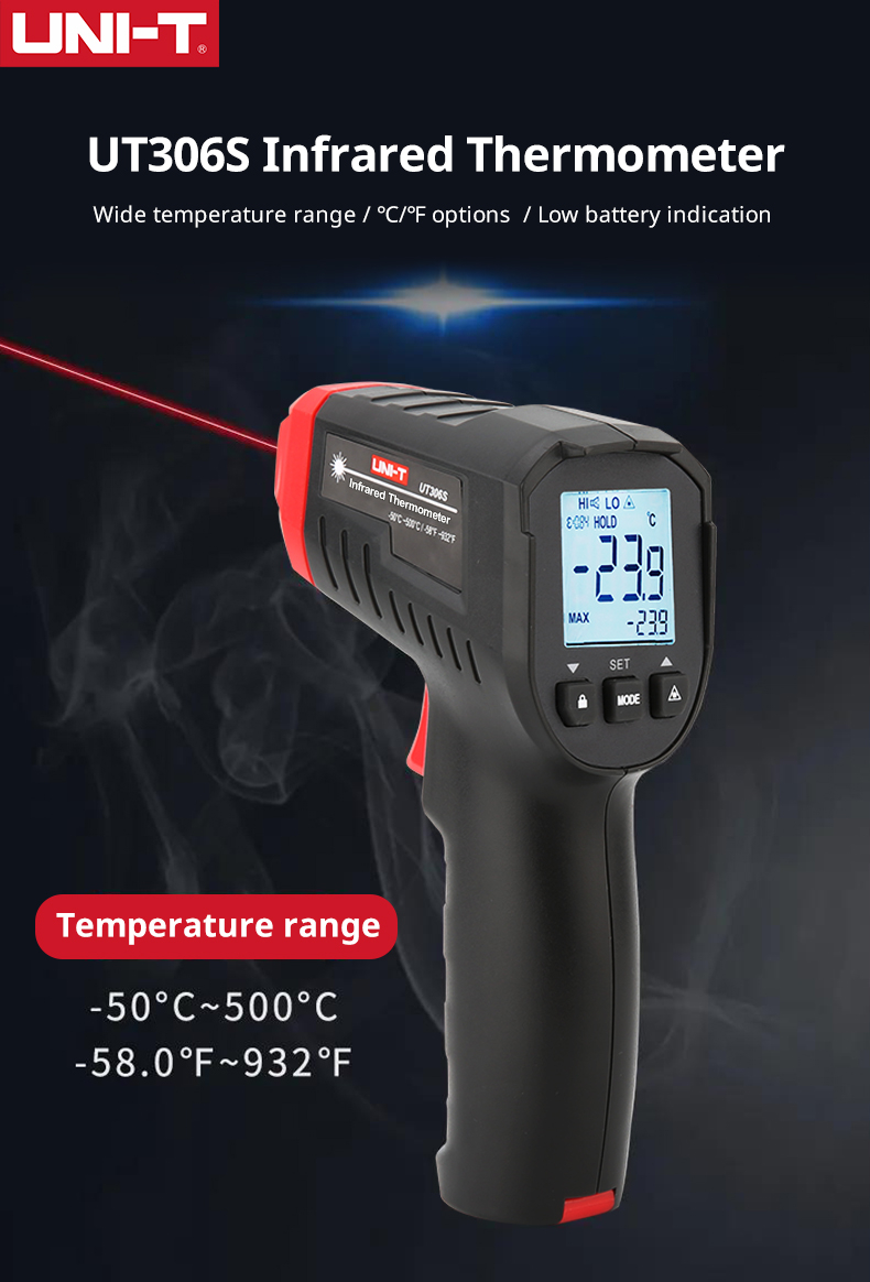 UNIT UT306S UT306C Digital Thermometer -50℃ ~ 500℃ Non-contact Industrial Infrared Laser ...