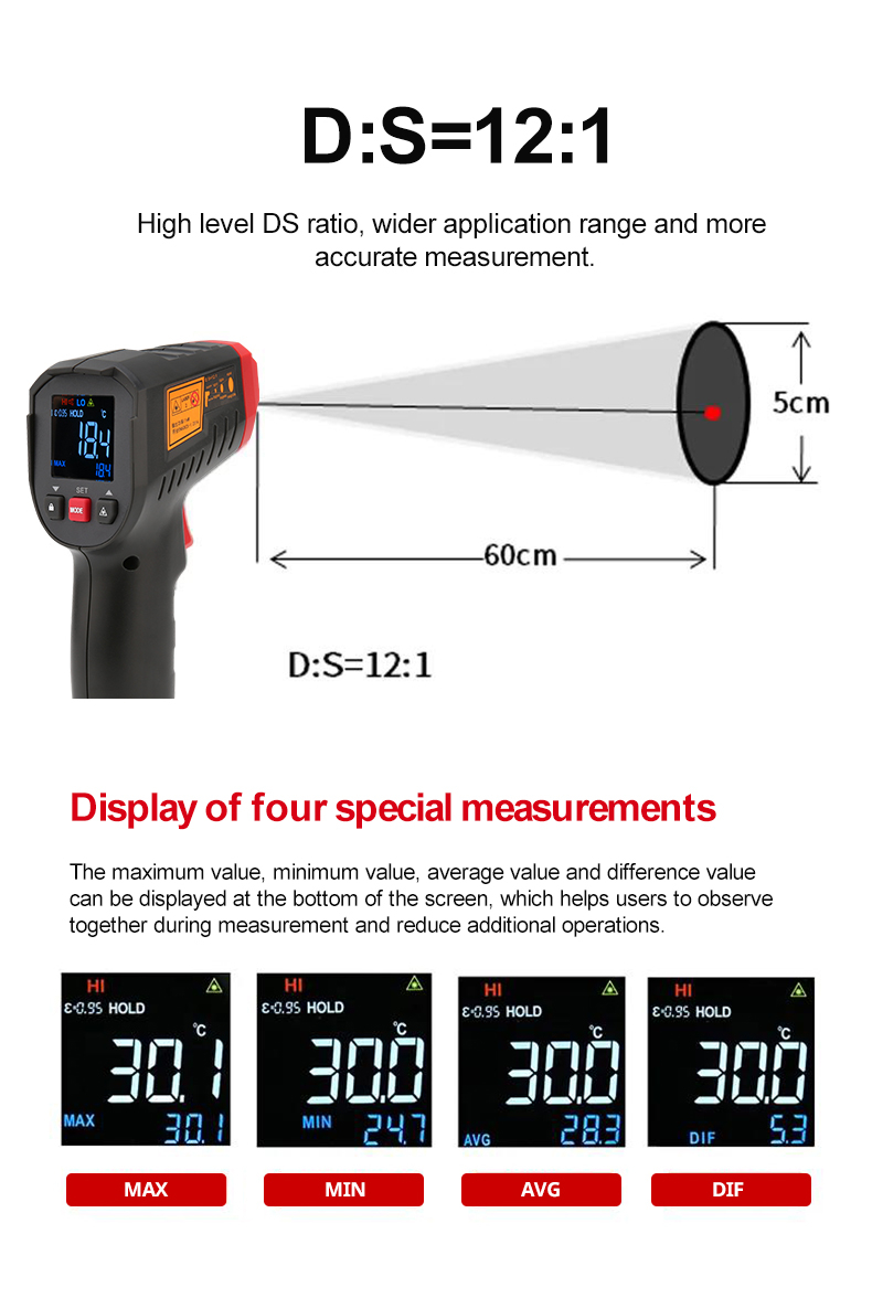 UNIT UT306S UT306C Digital Thermometer -50℃ ~ 500℃ Non-contact Industrial Infrared Laser ...