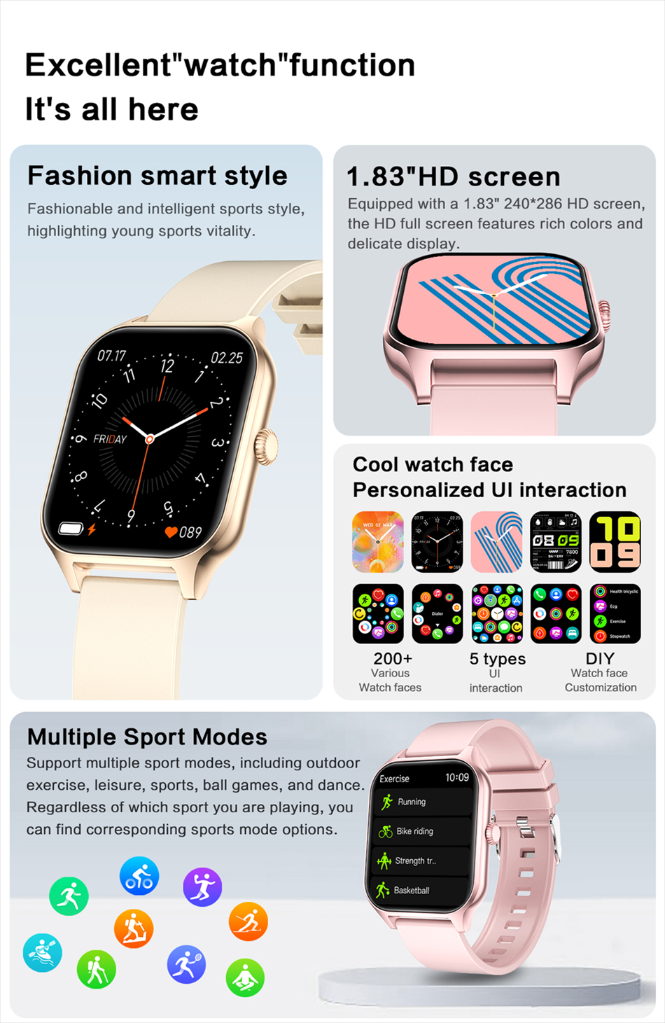 LIGE Bluetooth Call Ladies Smart Watch 1.83inch Screen Heart Rate ...