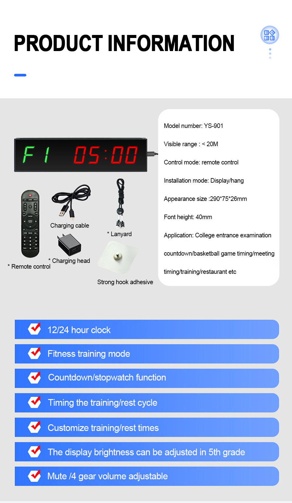 Led Large Screen Gym Timer 1 5inch Digital Training Studying Count Down
