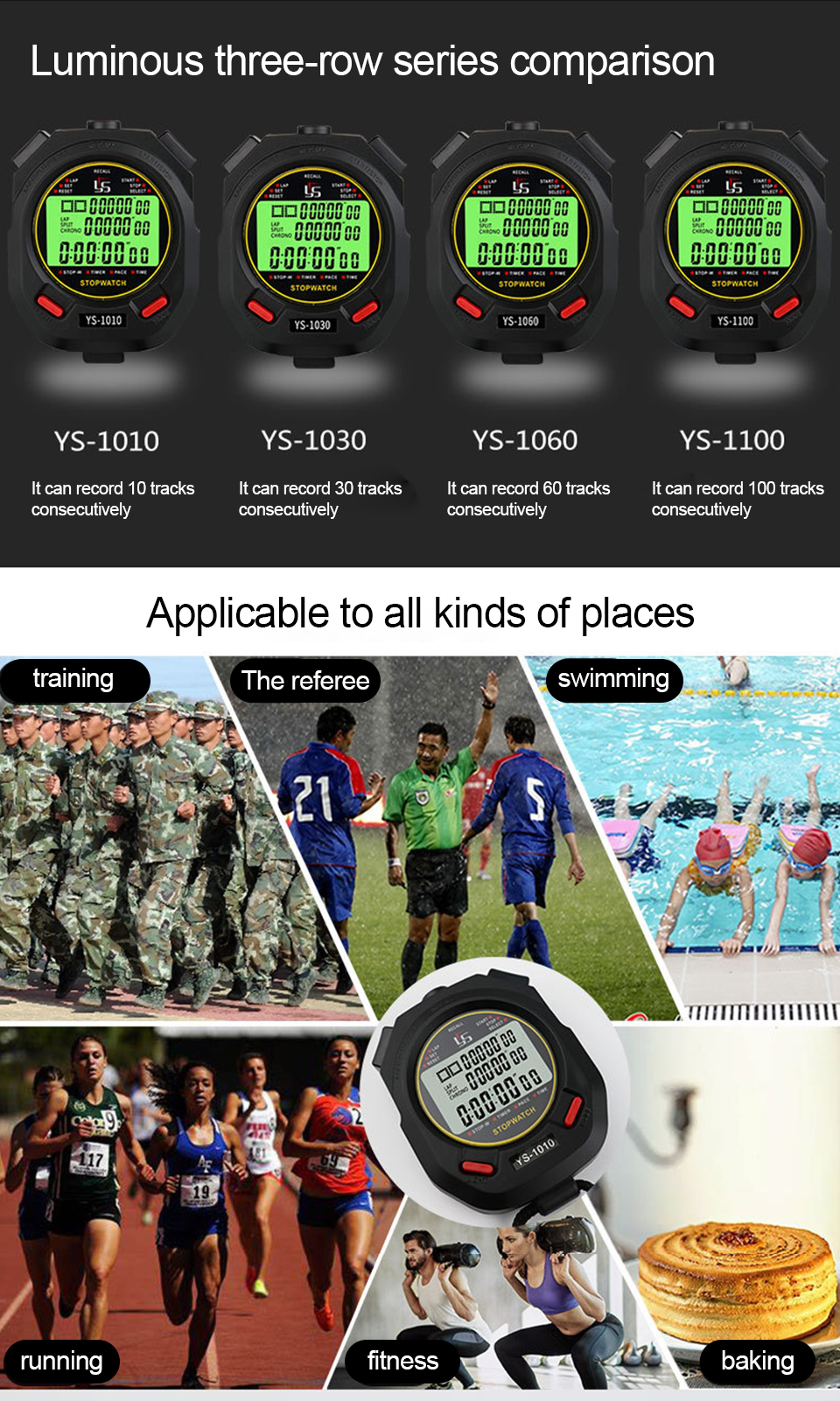 Digital Sports Stopwatch Timer 10/30/60/100 Tracks Luminous Stopwatch ...