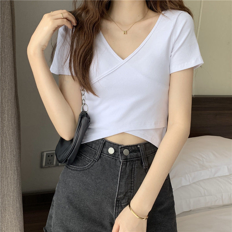 【X-style】Women's fashion style solid color V-neck short-sleeved crop ...