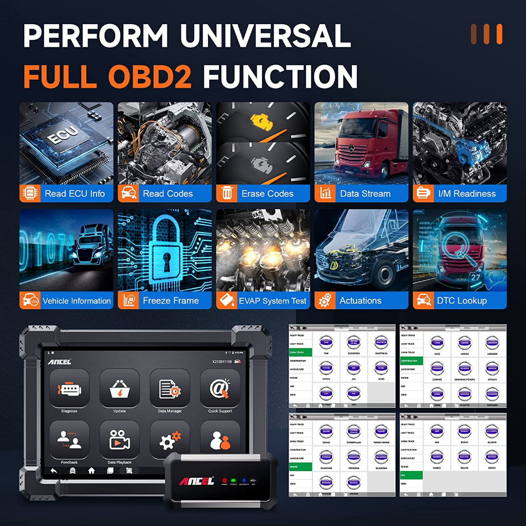 ANCEL X7 HD Top-Level OBD2 Truck Scanner 12/24V Scanner For Truck Heavy ...