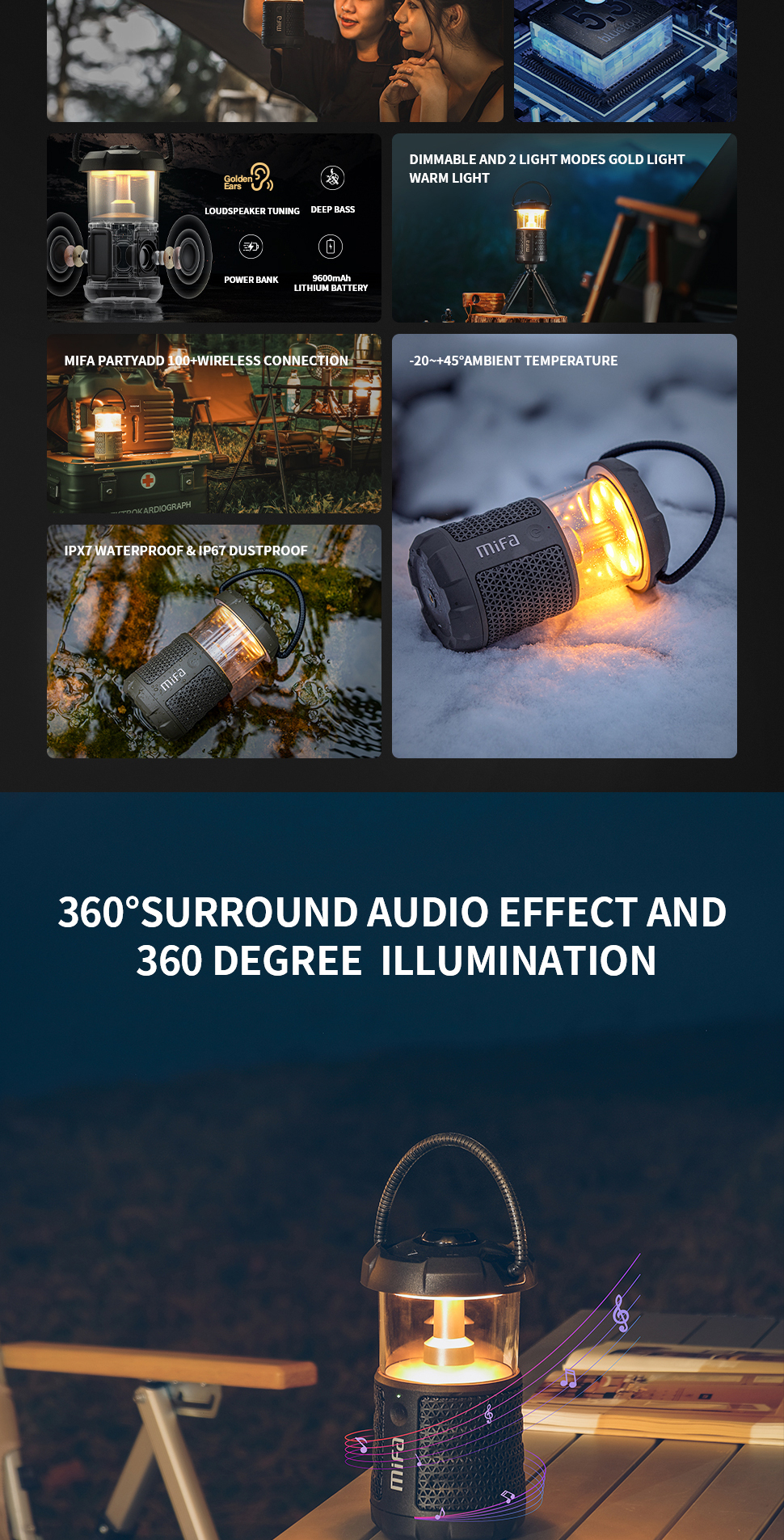 Mifa Wild Camping Outdoor Bluetooth 5.3 Speaker with Lantern, Powerful ...