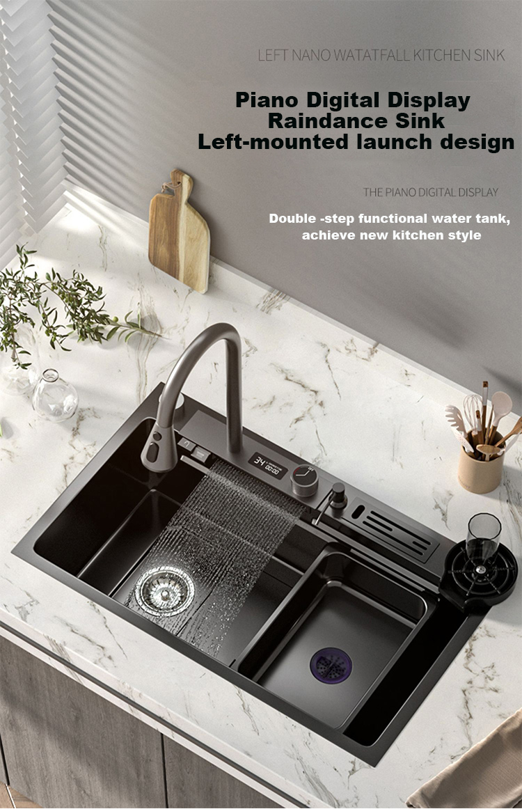304 Stainless Steel Waterfall Kitchen Undermount Sink with Digital ...