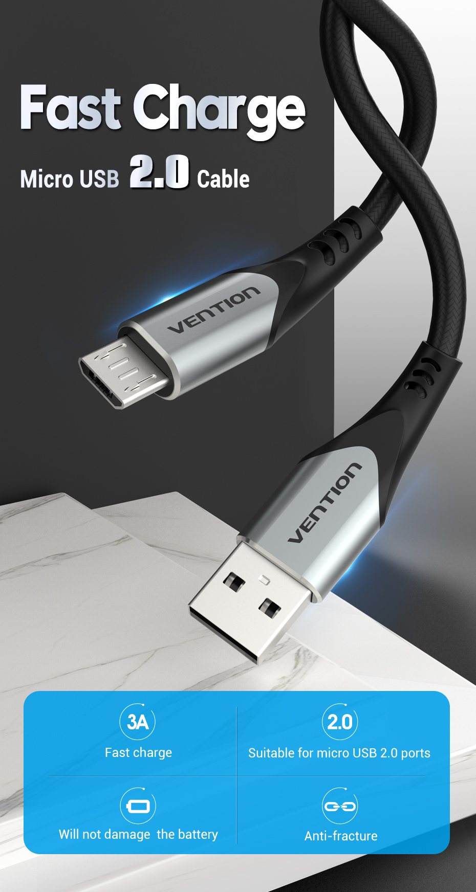 Vention Micro USB Cable 3A Fast Charging & Data Sync Cable Nylon ...