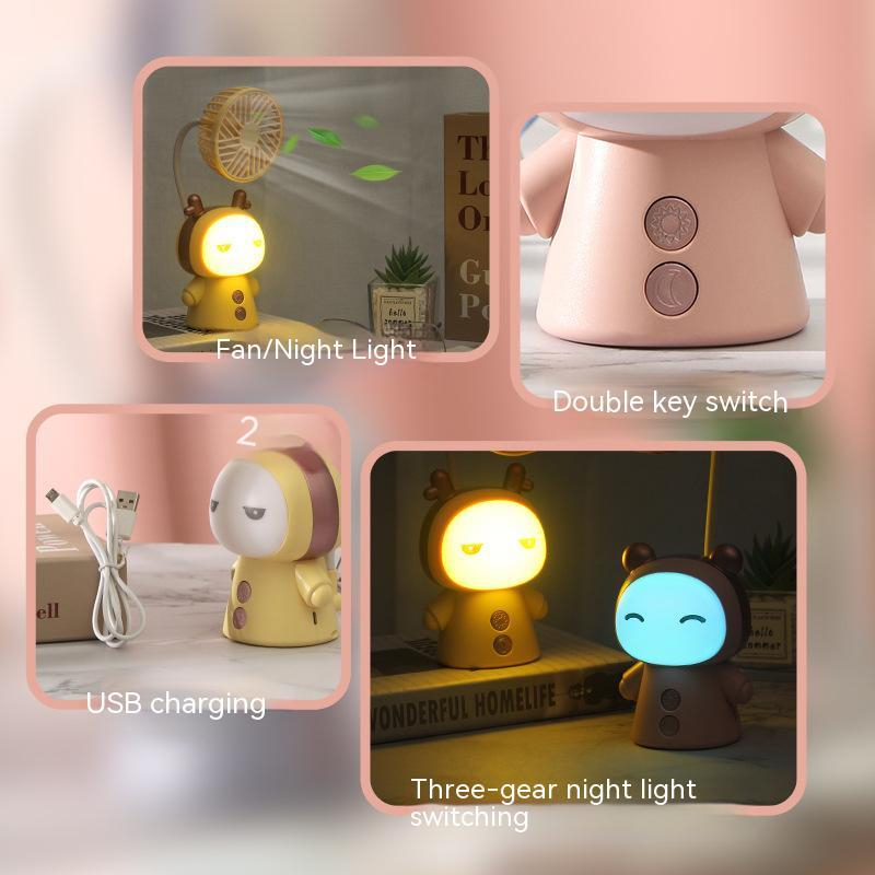2 in1 Cute Night Light Fan With LED Light 3 Speed Adjustable Desktop ...