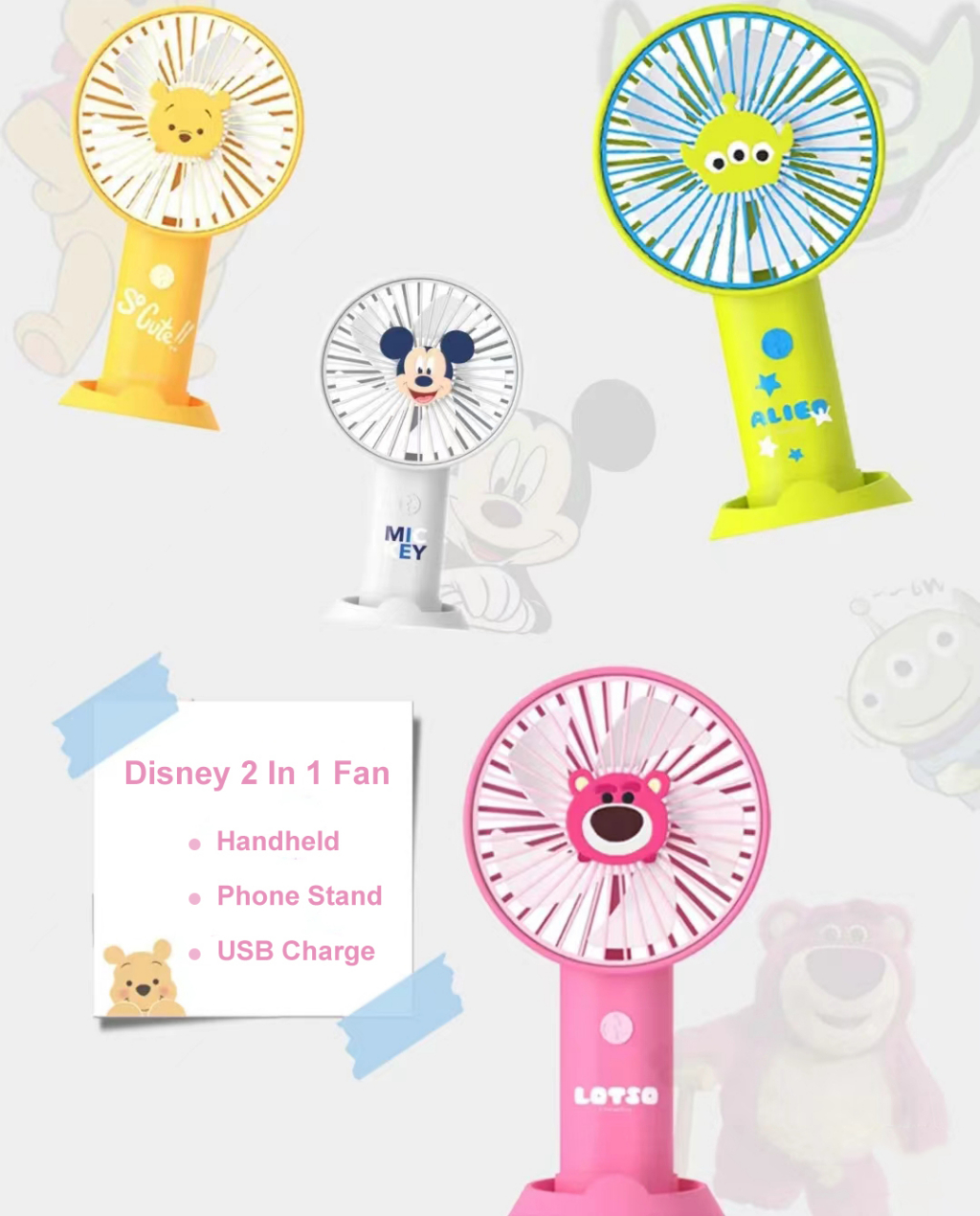 Disney JS-0108 Mini Handheld Fan Bracket 2-in-1 Lotso Mickey Donald ...