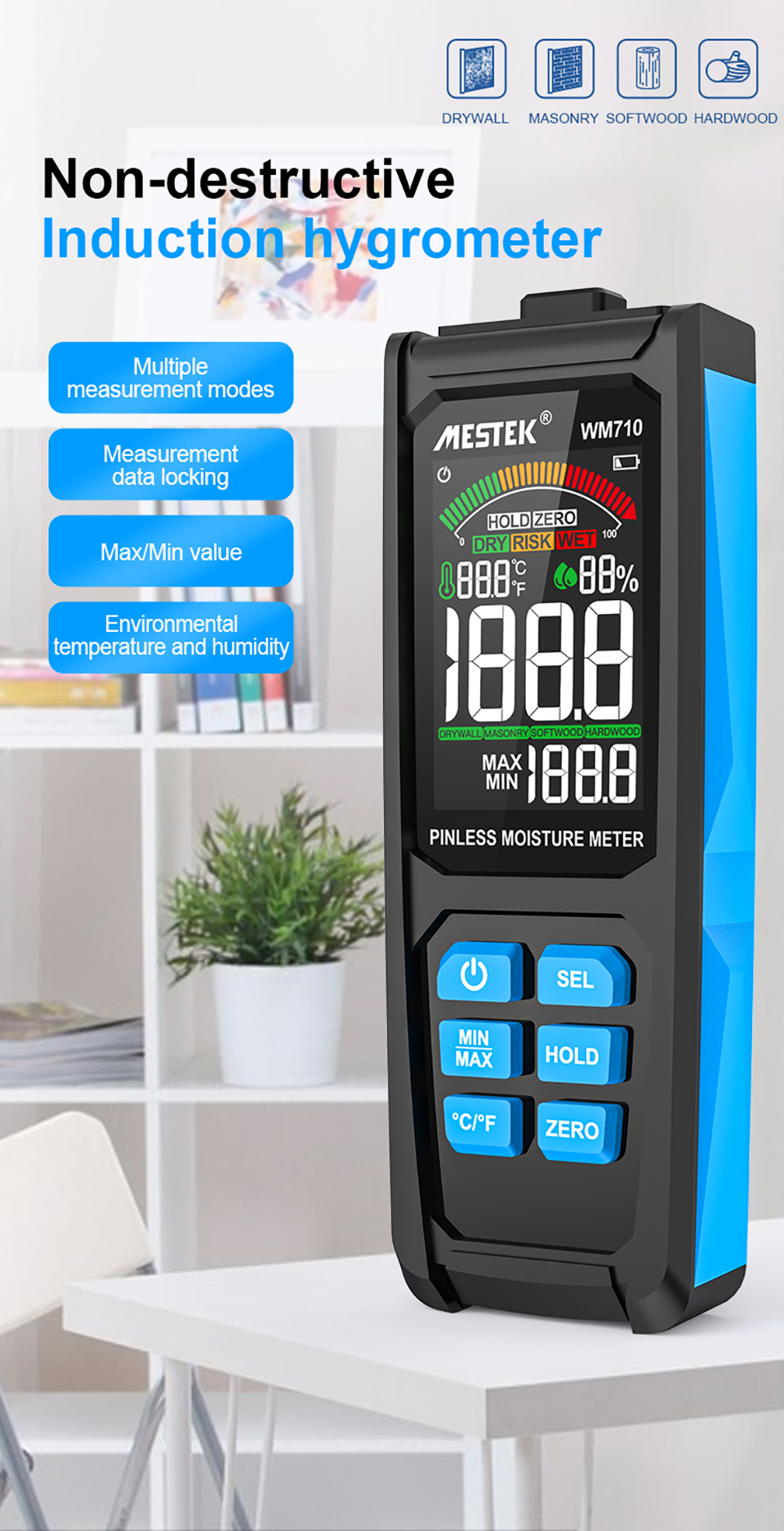 Pinless Moisture Meter Inductive Large Screen Timber Damp Detector ...