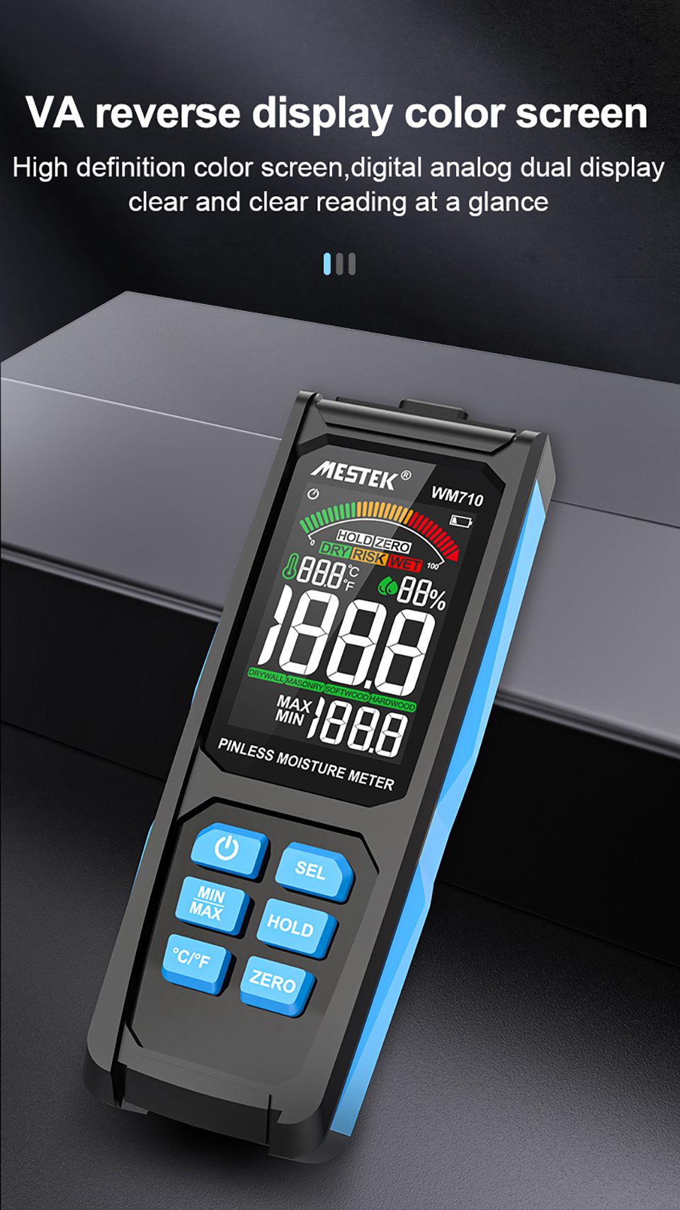 Pinless Moisture Meter Inductive Large Screen Timber Damp Detector ...