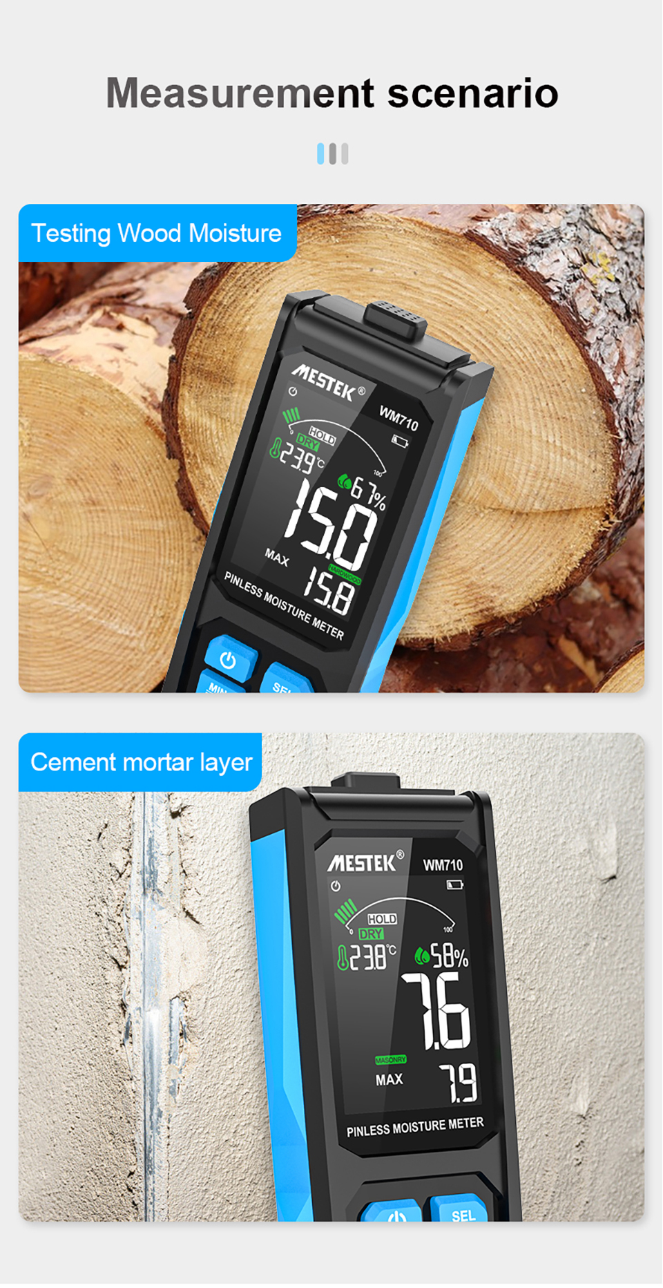 Pinless Moisture Meter Inductive Large Screen Timber Damp Detector ...