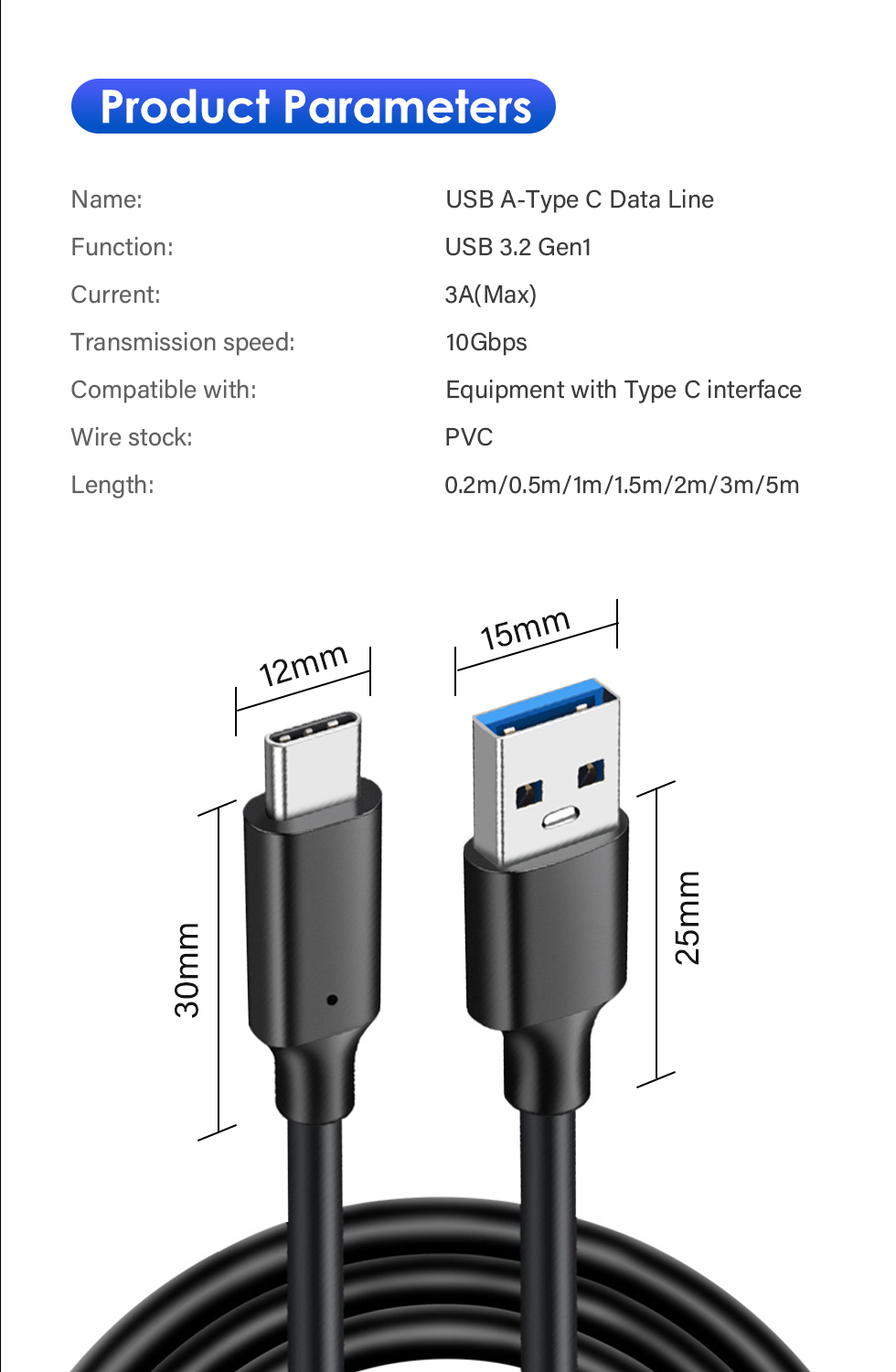 USB 3.2 Gen2 10Gbps USB to Type C Cable For Cell Phone Laptop SSD Hard ...