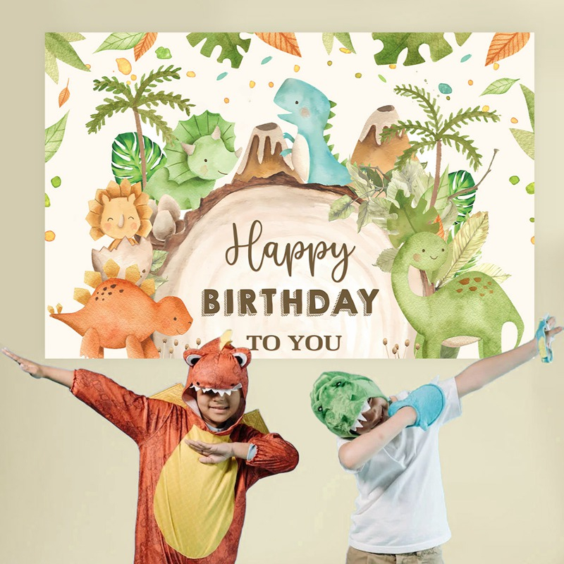 1*1.5M Cute Dionsaur Volcano Happy Birthday Banner Large Polyester ...