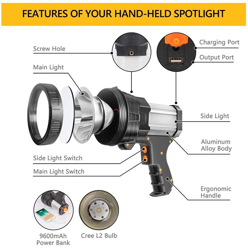 LED spotlight rechargeable flashlight 1000000 lumens torchlight ...