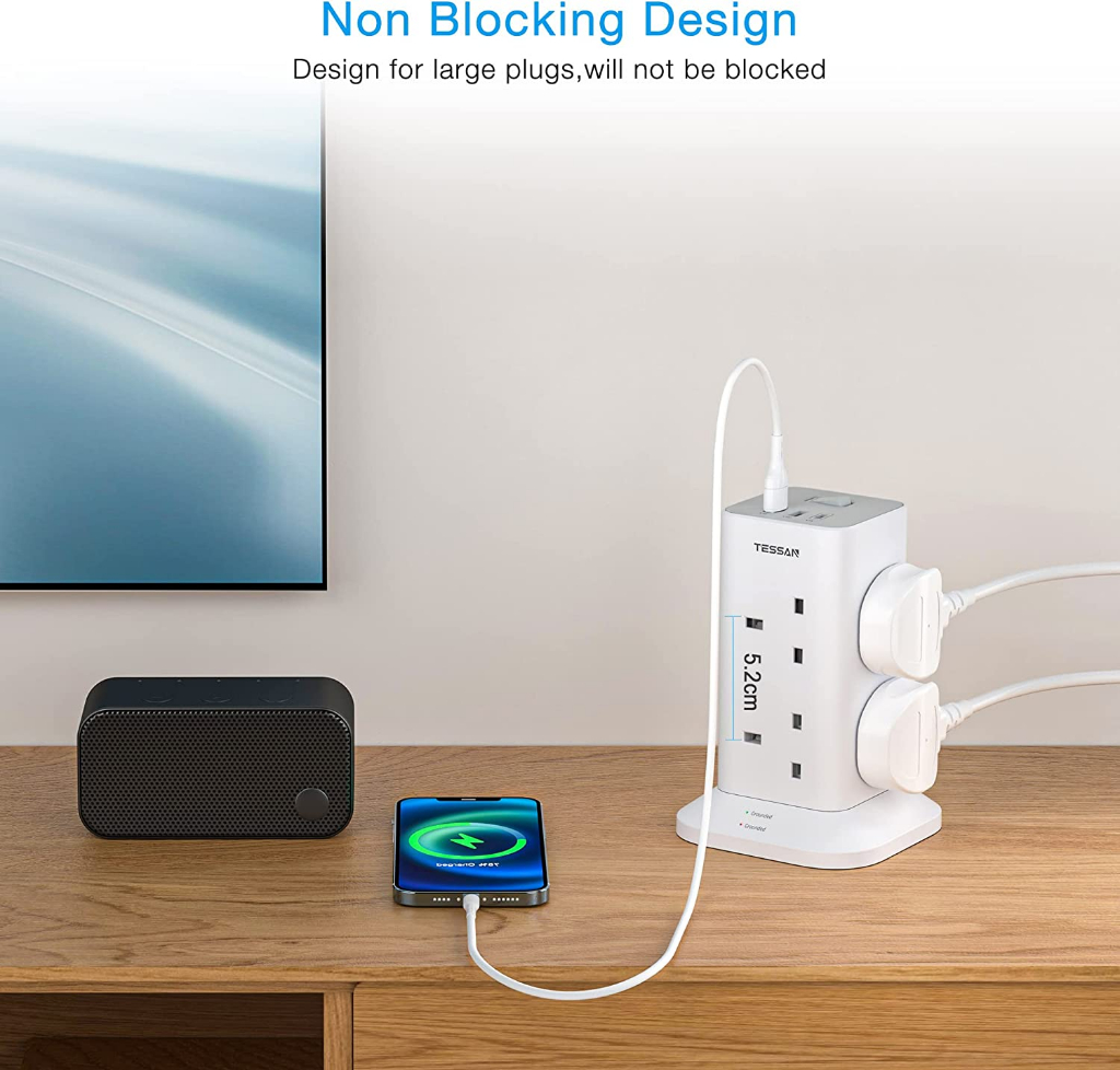 Tessan Extension Plug Tower Extension Socket With 3 Usb Type C Surge Protector Extension Cord