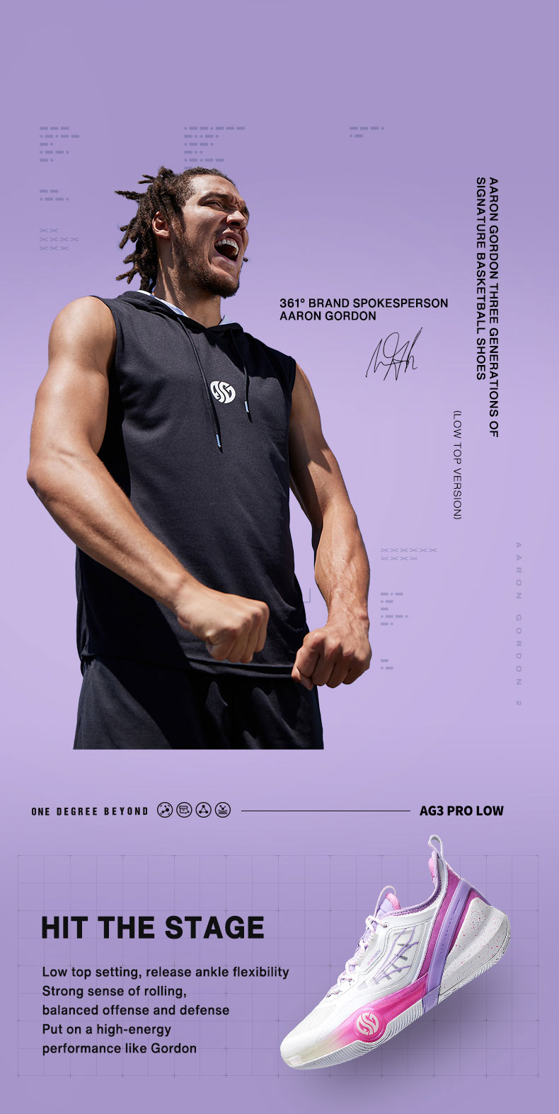 361 Degrees Ag3 Pro Low Aaron Gordon Men's Basketball Shoes Professional Wear-Resistant Sports ...