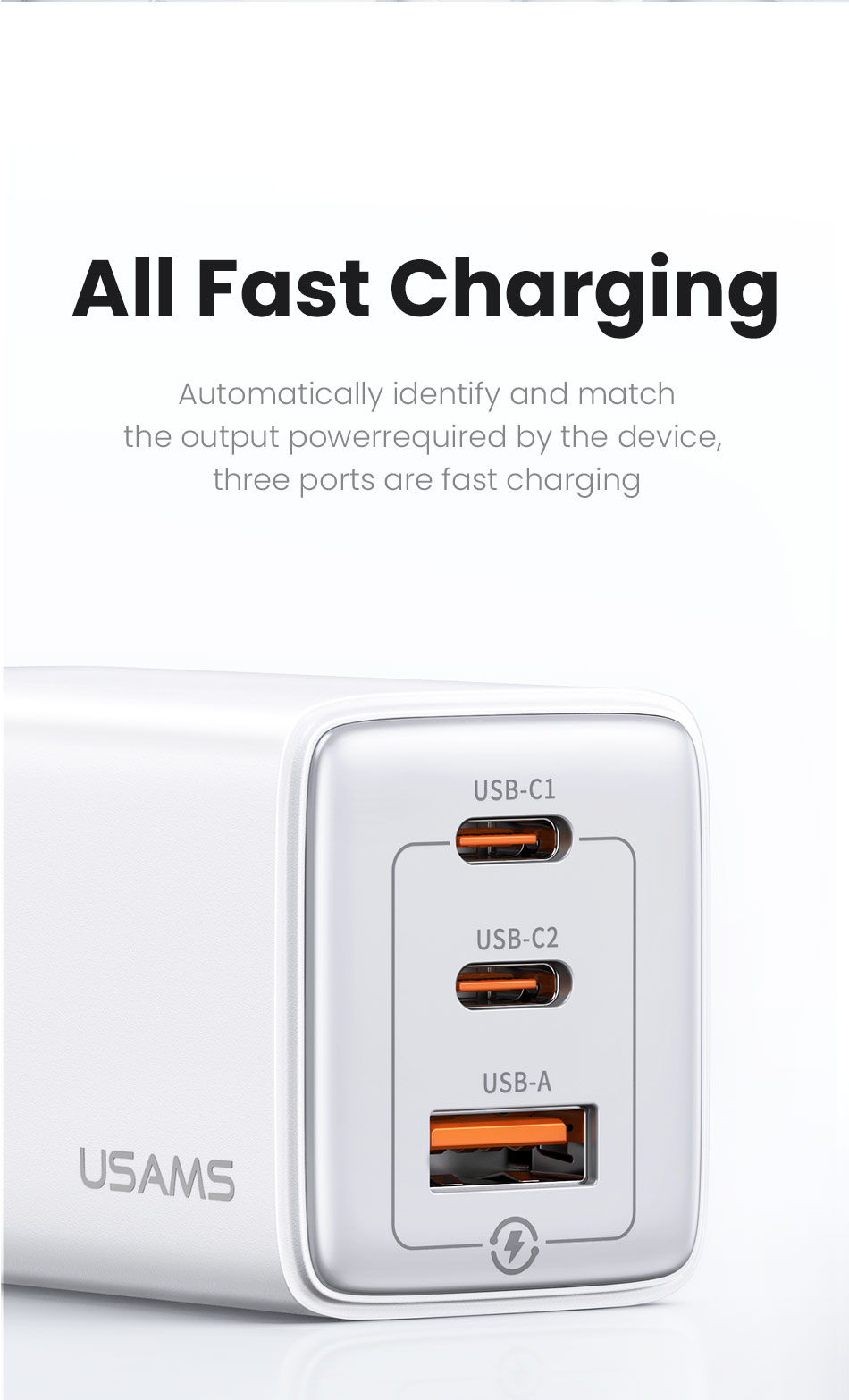 USAMS Portable PD UK/EU Plug USB 2 Type C Ports GaN Fast Charger (65W ...