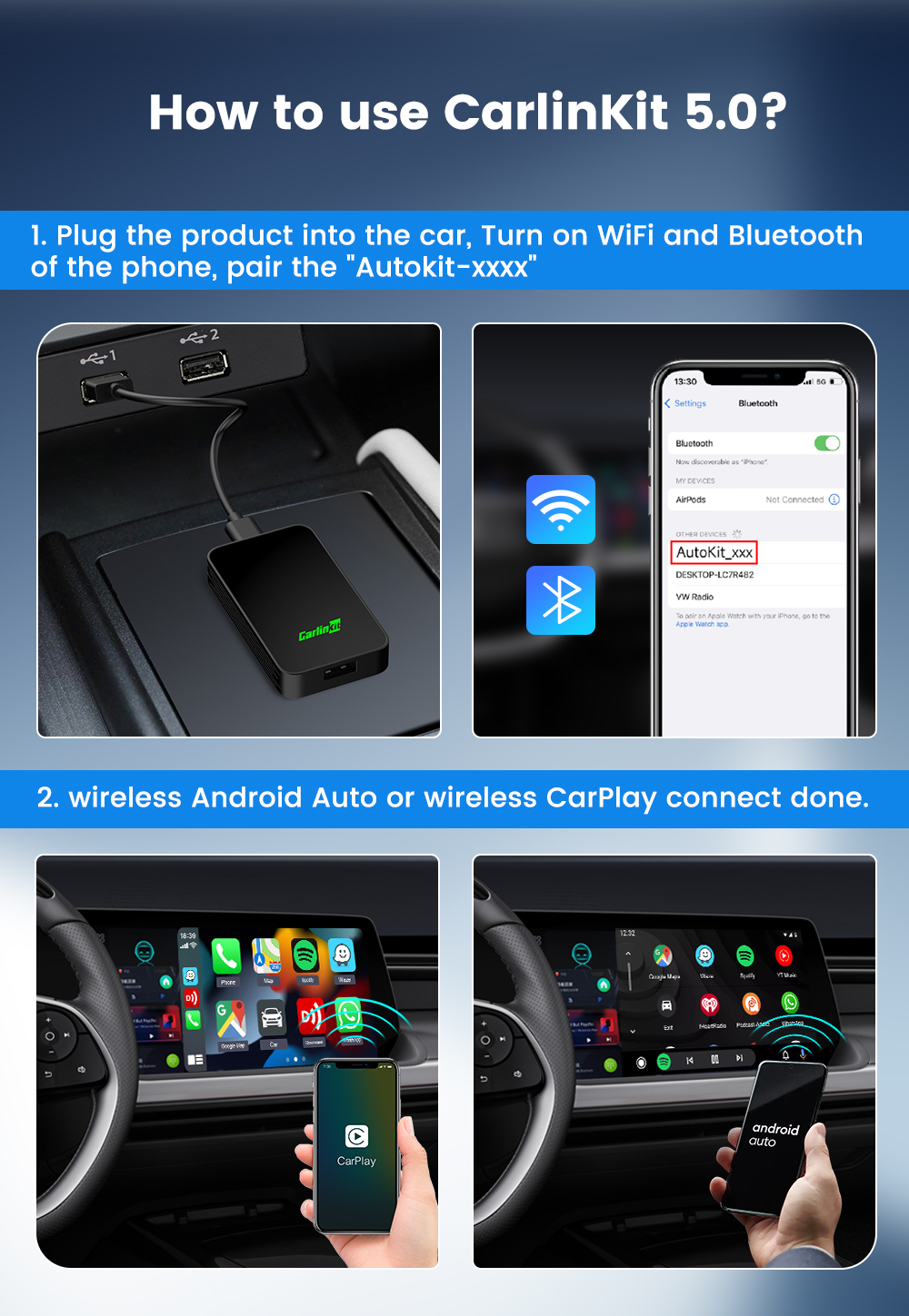 CarlinKit 5.0 Double Channels Support Wired CarPlay To Wireless & Wired ...