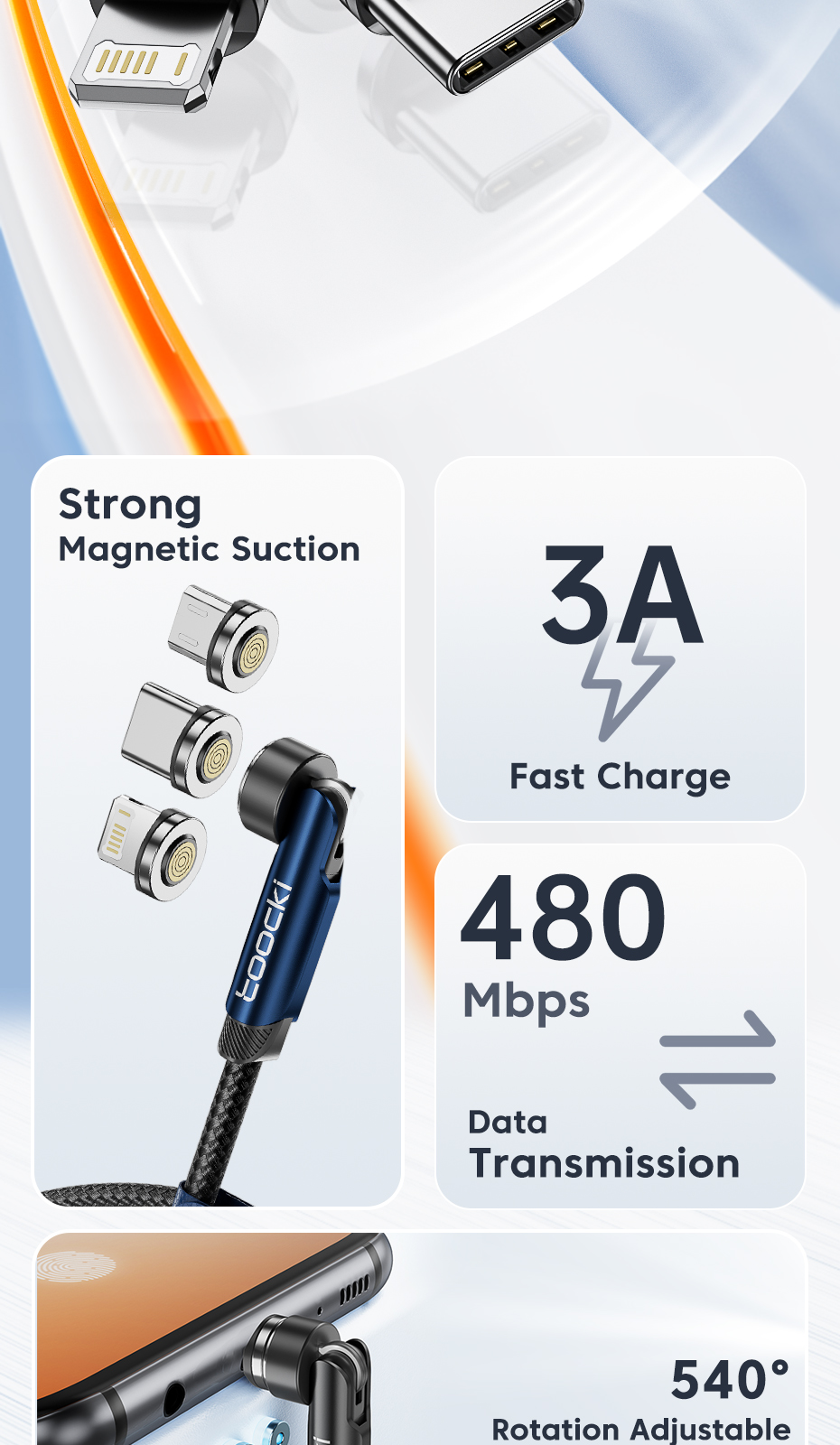 3 in 1 Magnetic Cable 540 Rotate 3A Fast Charging Micro USB Type C ...