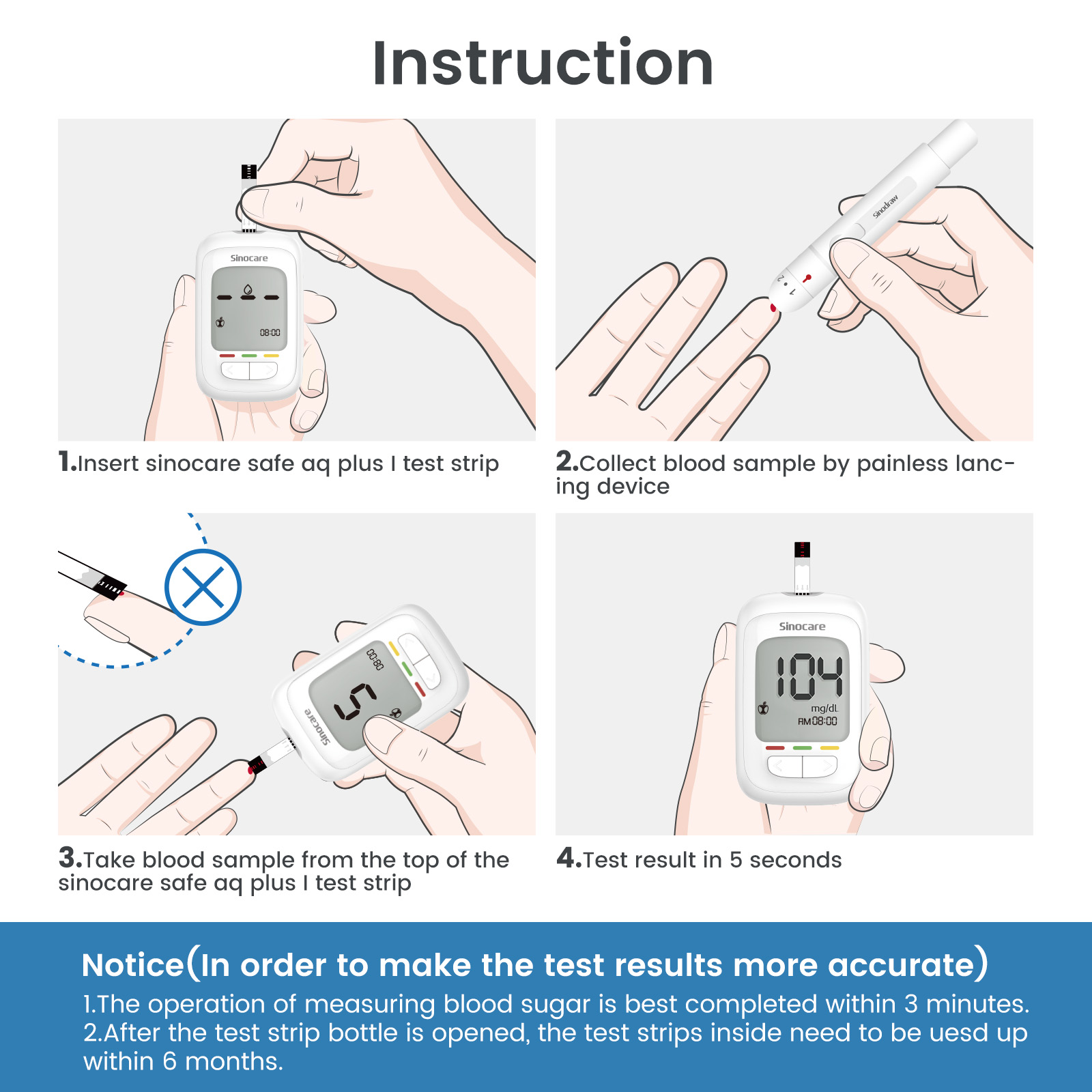 Sinocare Blood Glucose Meter Safe AQ Pro Ⅰ Sugar Monitoring Glucometer ...