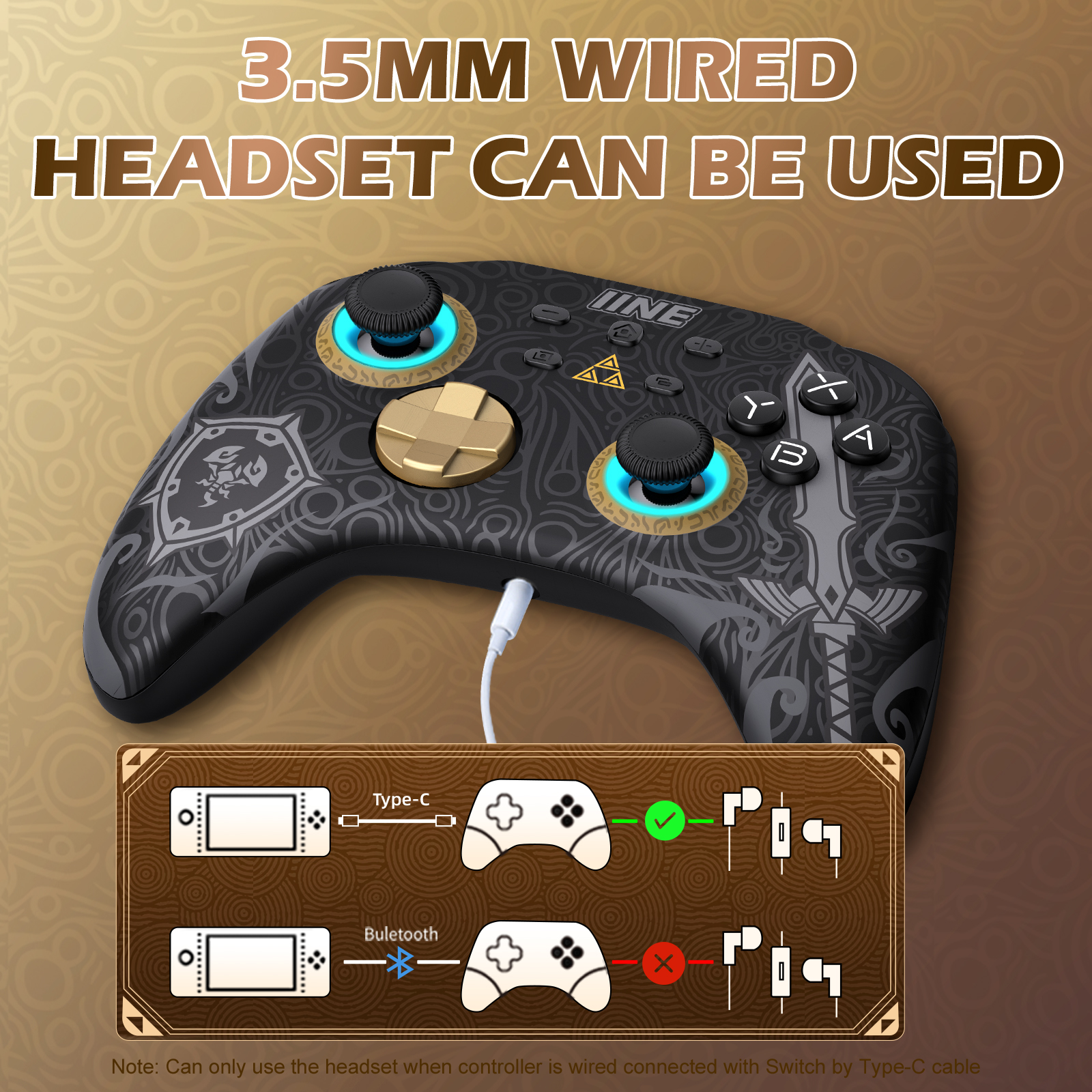 IINE Ares Zelda Wireless Pro Controller with Headset Jack RGB Light for ...