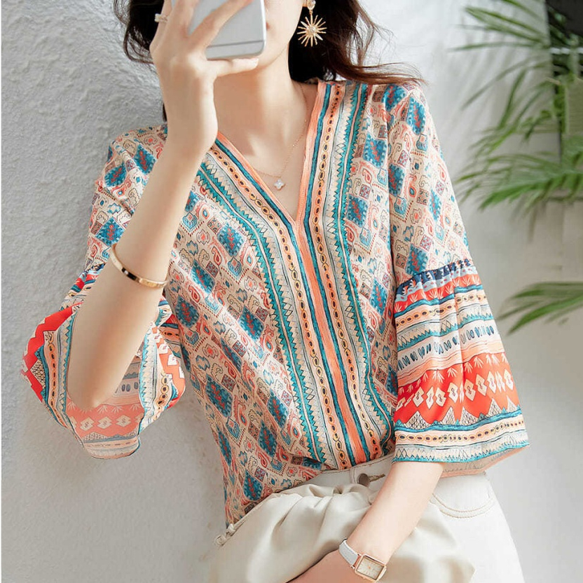 Ethnic Style Printed Three-Quarter Sleeve Chiffon Shirt Summer Casual ...