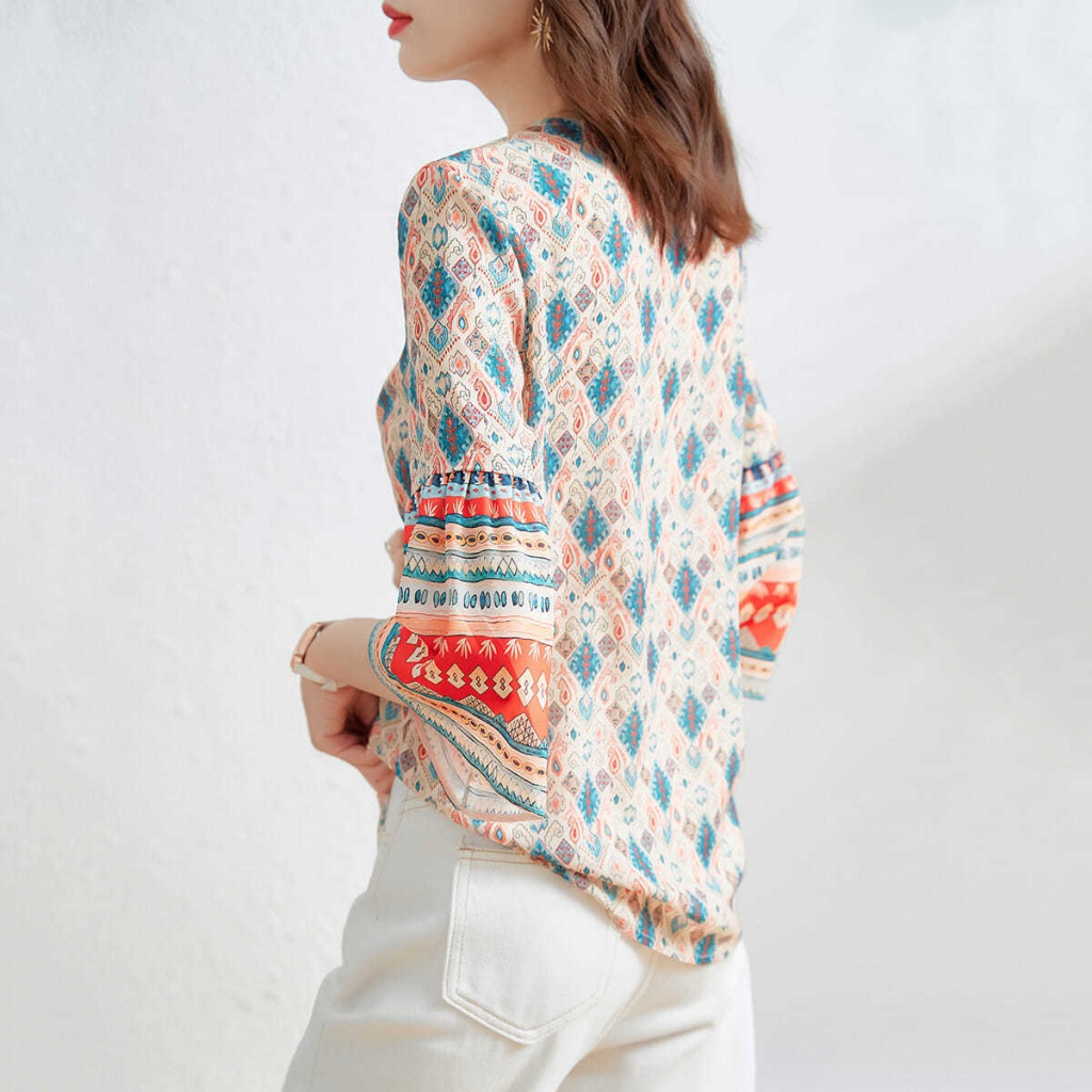 Ethnic Style Printed Three-Quarter Sleeve Chiffon Shirt Summer Casual ...
