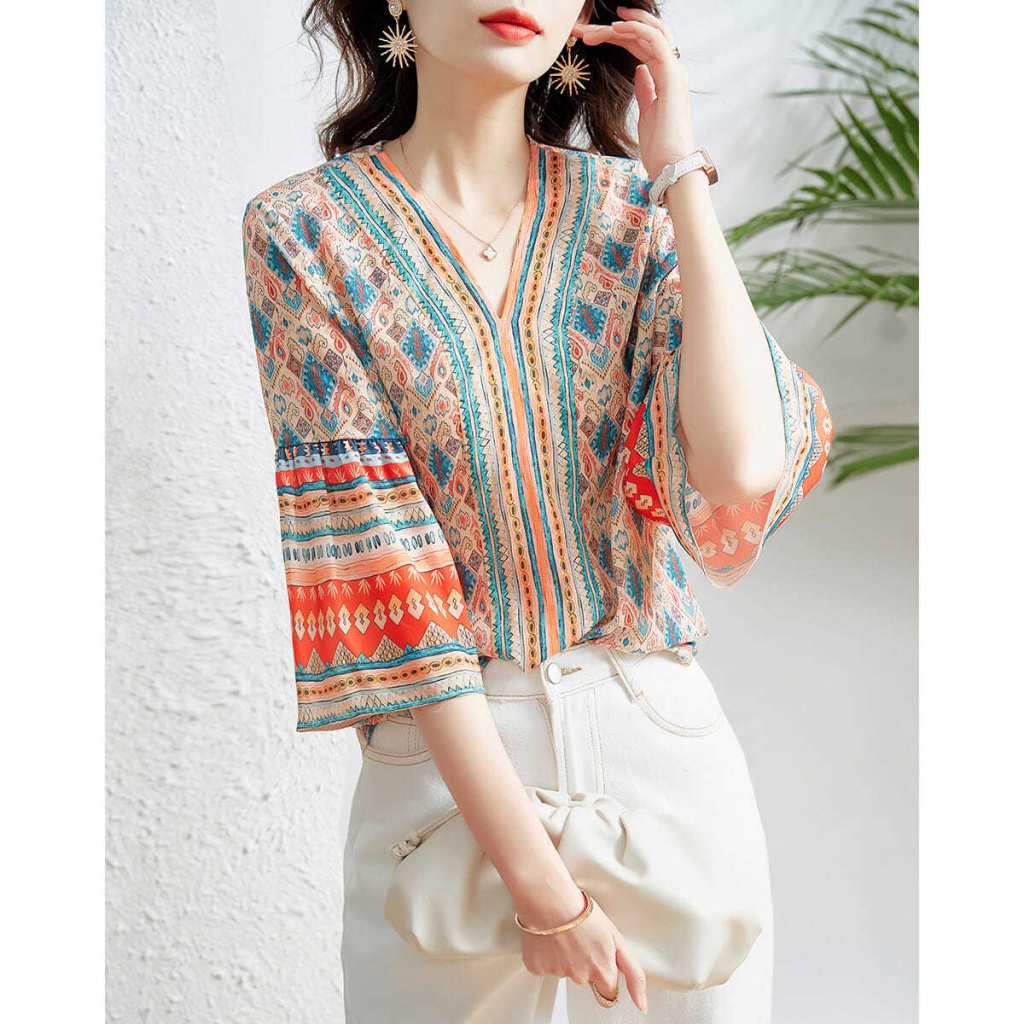 Ethnic Style Printed Three-Quarter Sleeve Chiffon Shirt Summer Casual ...
