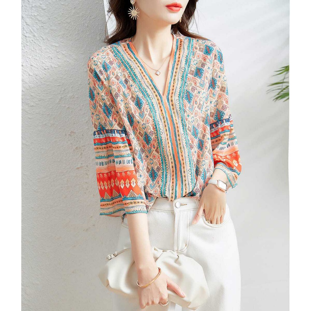 Ethnic Style Printed Three-Quarter Sleeve Chiffon Shirt Summer Casual ...