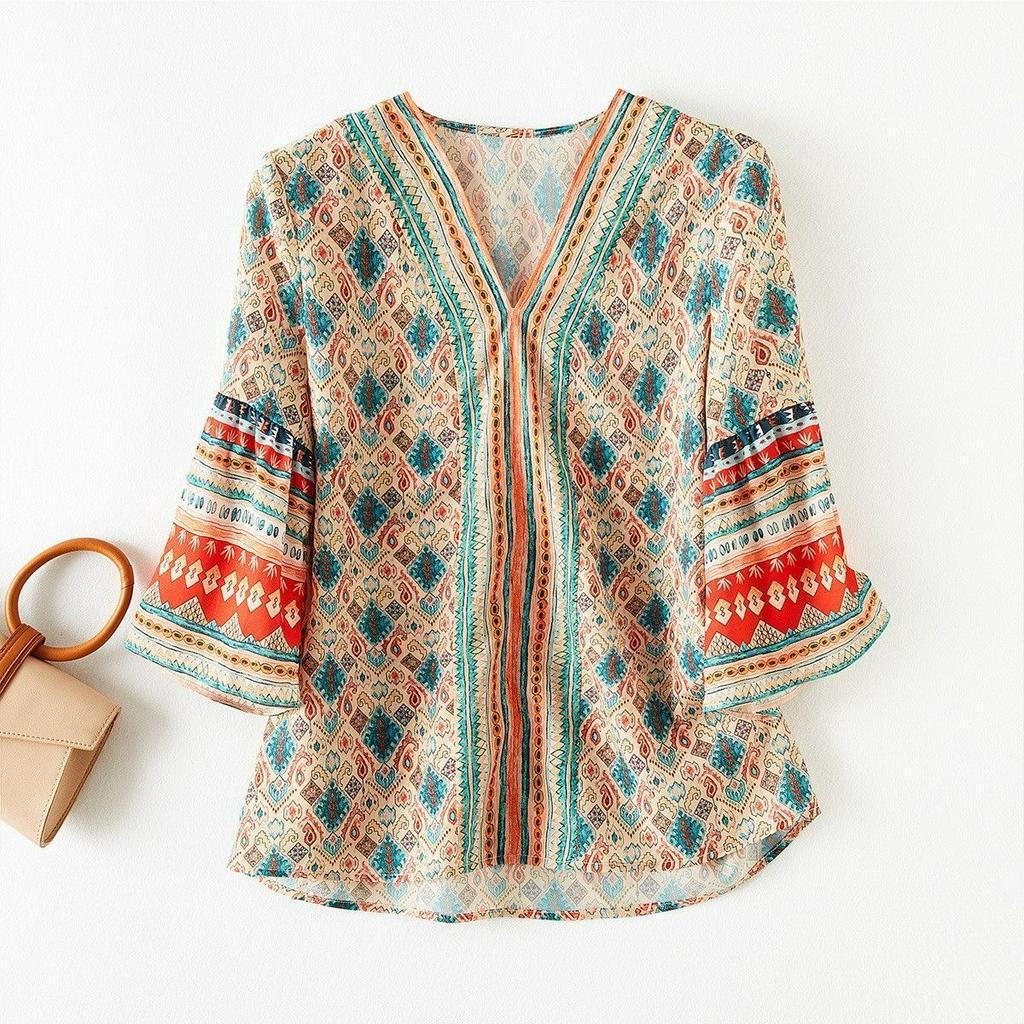 Ethnic Style Printed Three-Quarter Sleeve Chiffon Shirt Summer Casual ...