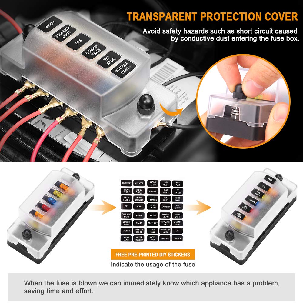 6 Way Fuse Block Blade Fuse Box with Negative Bus, 6 Circuit Fuse ...