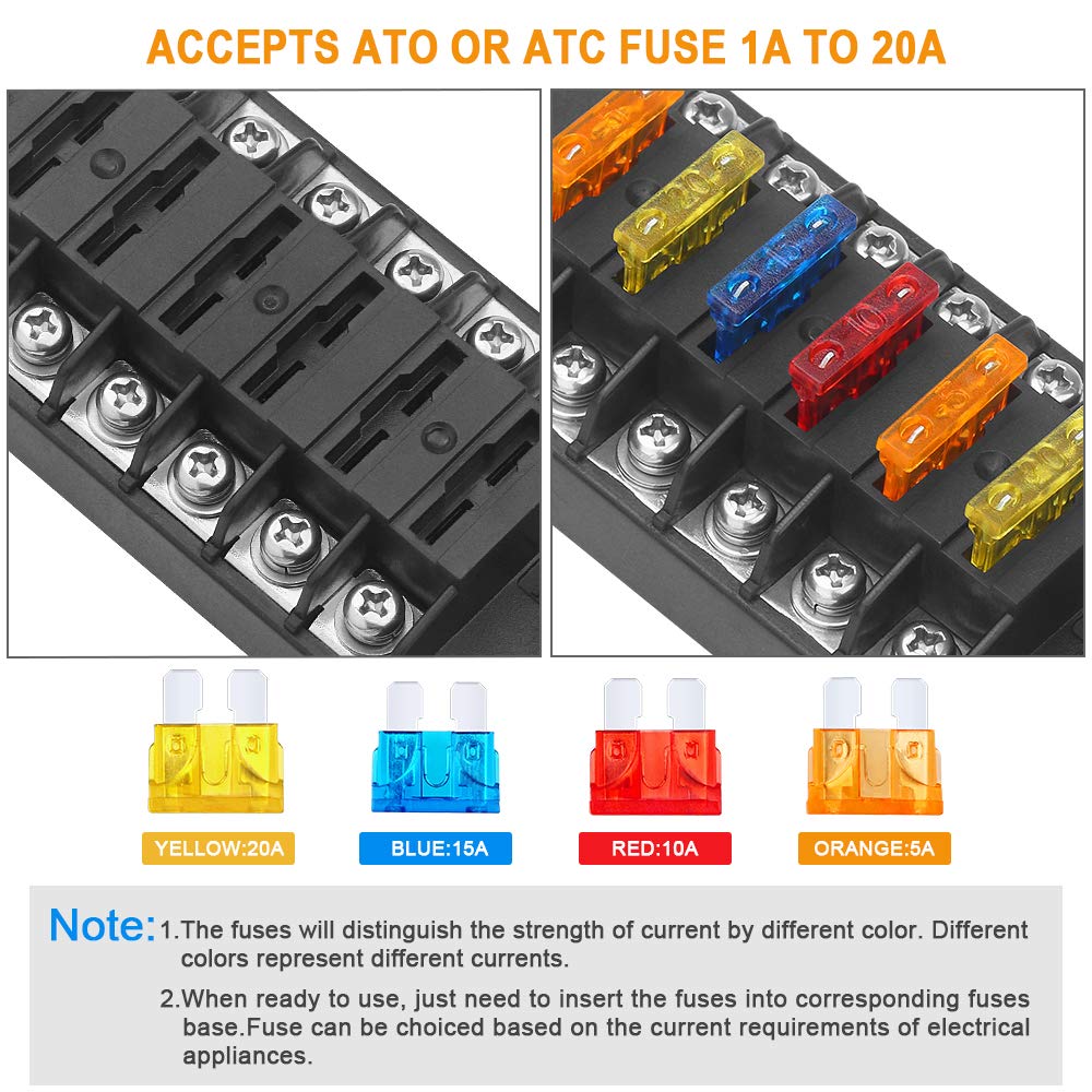 6 Way Fuse Block Blade Fuse Box with Negative Bus, 6 Circuit Fuse ...