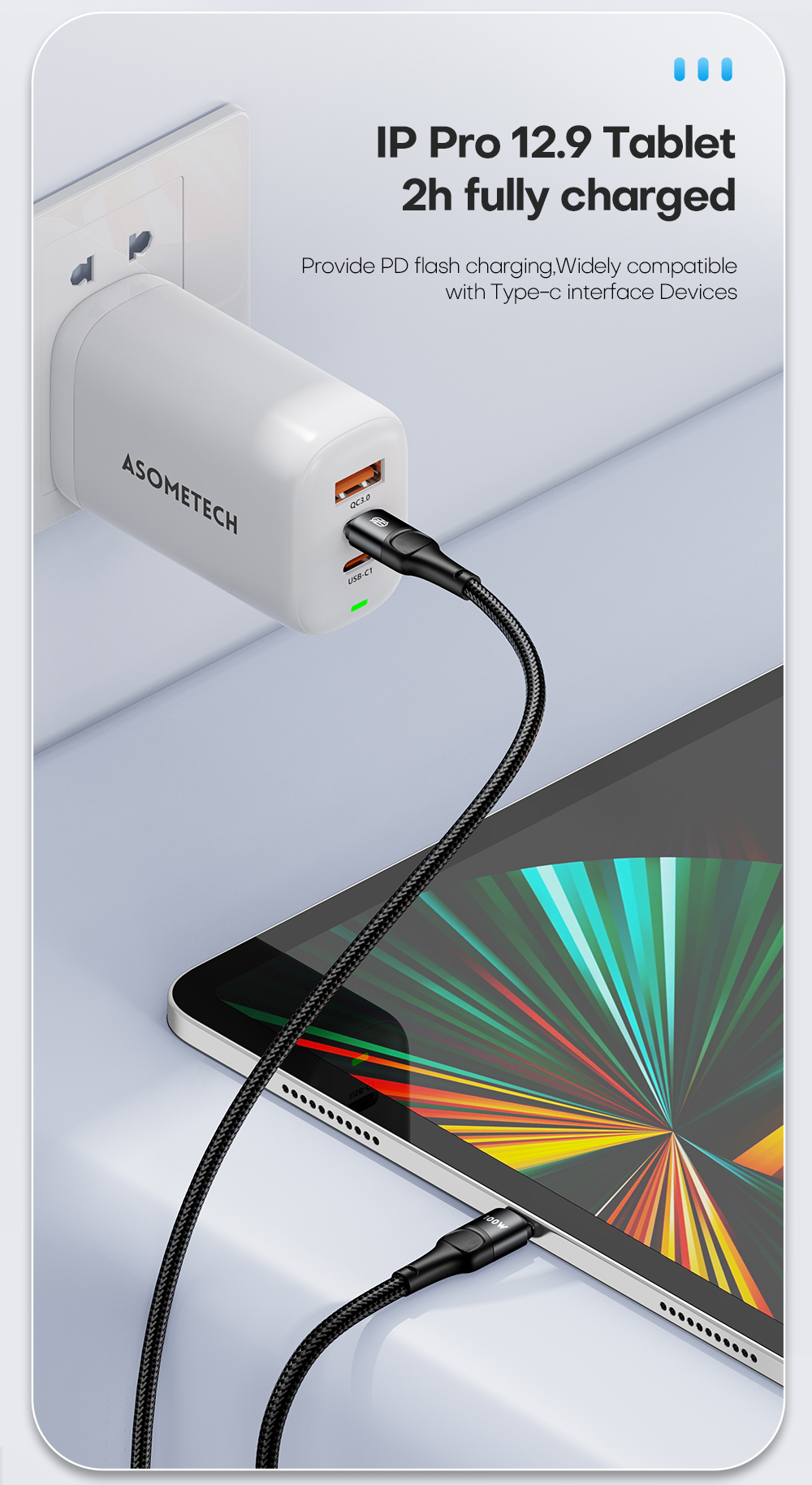 ASOMETECH 100W PD USB Cable USB C TO TYPE C Fast Charging Data Cord For Laptop Tablet Samsung ...