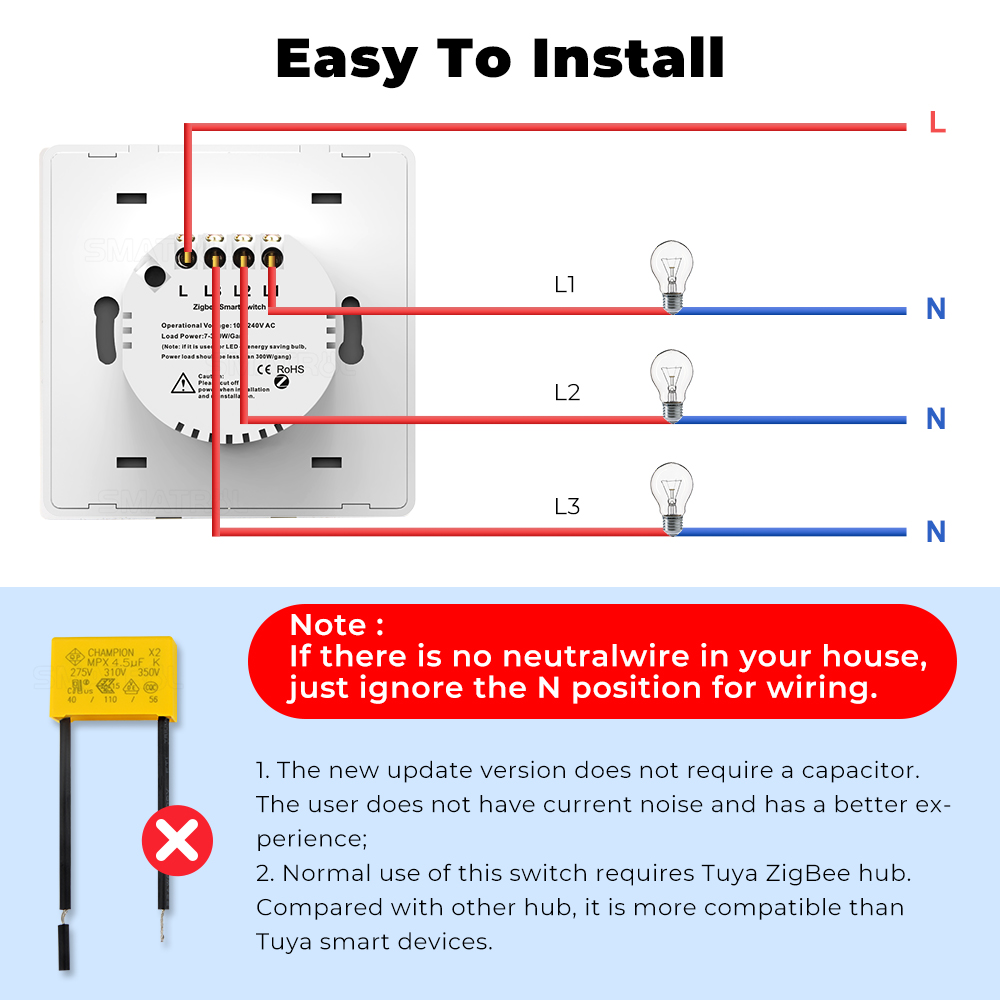 SMATRUL Smart Light Switch Tuya Zigbee No Neutral Wire No Capacitor ...
