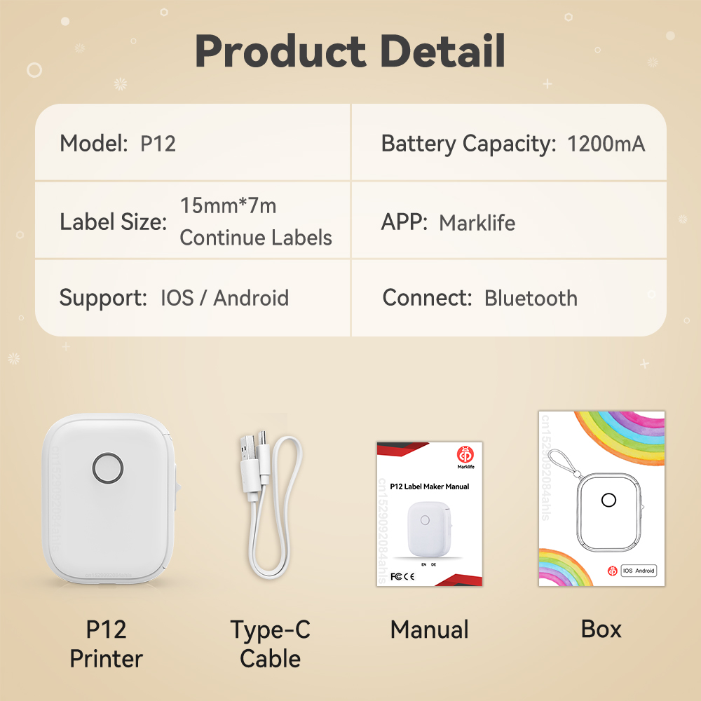 Inkless Thermal Printer P12 Portable Label Printer Bluetooth Wireless ...