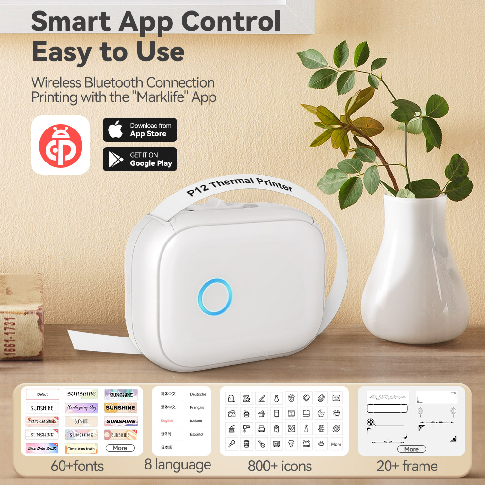Inkless Thermal Printer P12 Portable Label Printer Bluetooth Wireless ...