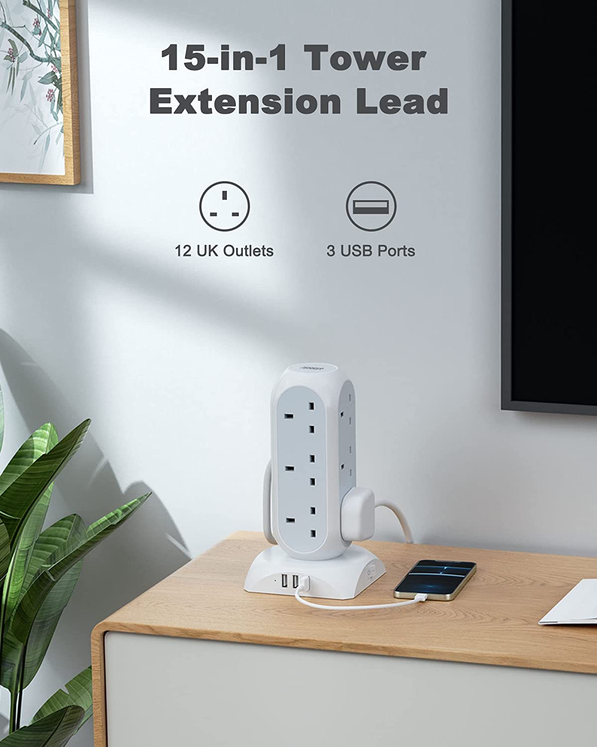 TESSAN Extension Plug Tower Extension Socket with 3 USB( C), Surge ...