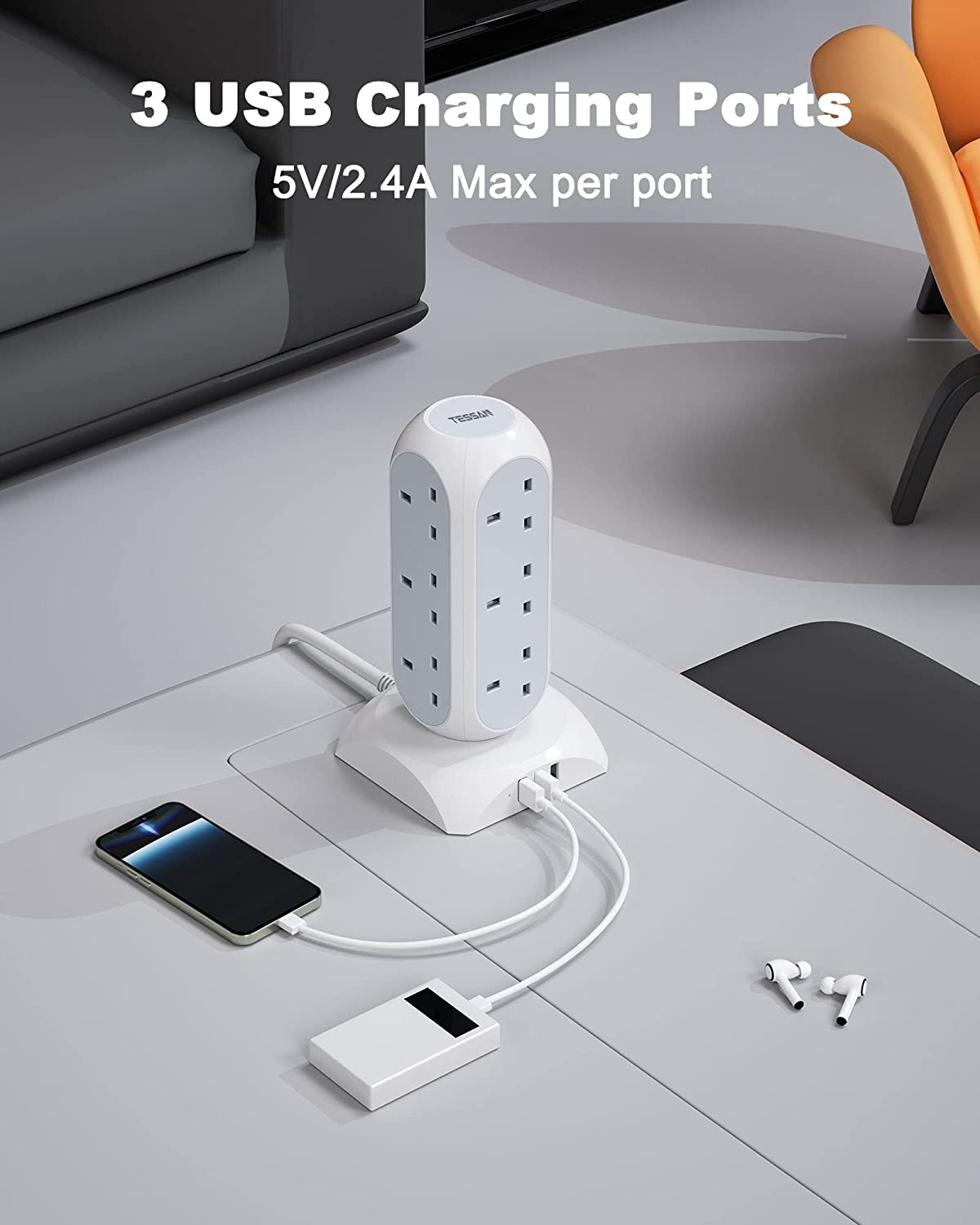 TESSAN Extension Plug Tower Extension Socket with 3 USB( C), Surge ...