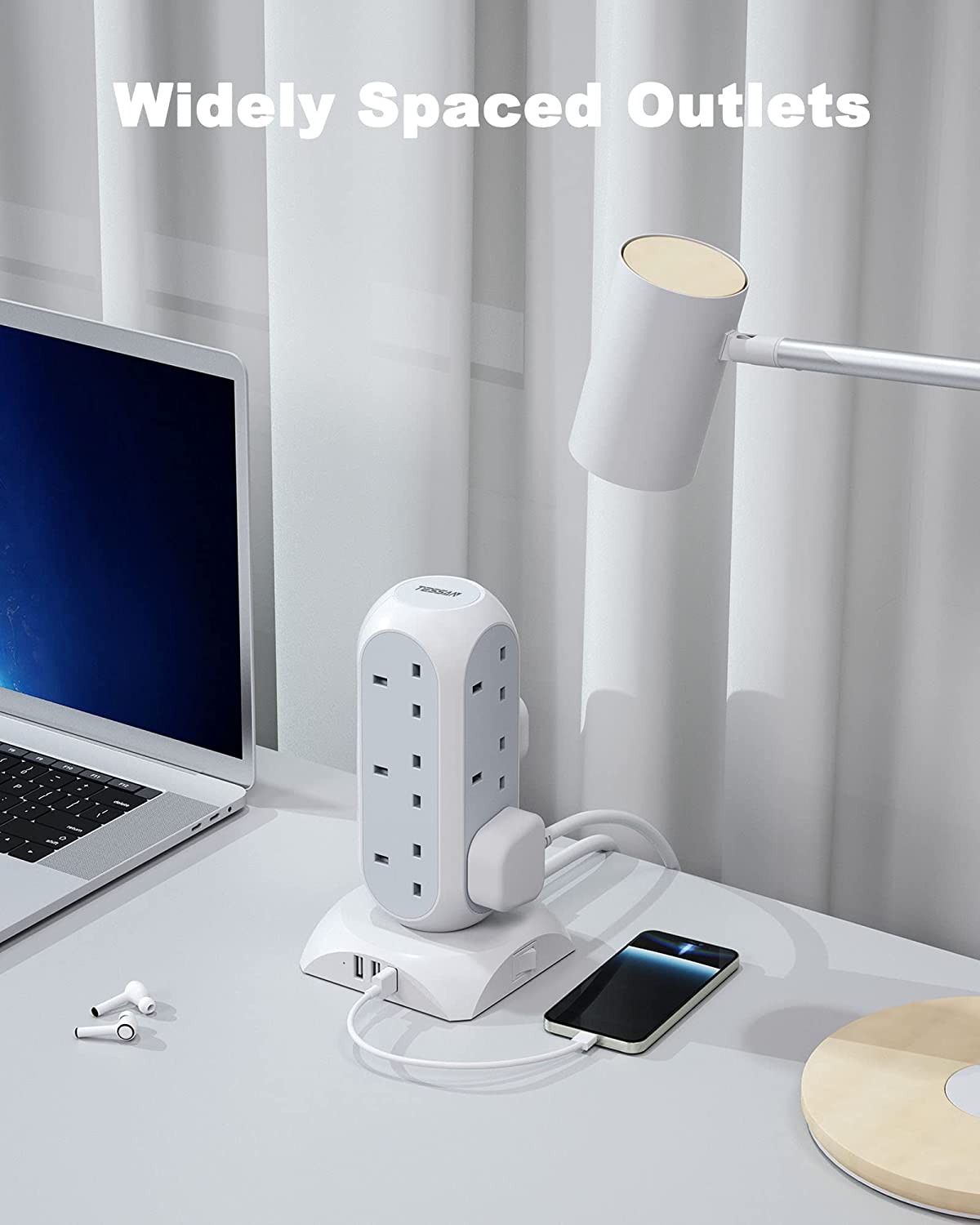 TESSAN Extension Plug Tower Extension Socket with 3 USB( C), Surge ...