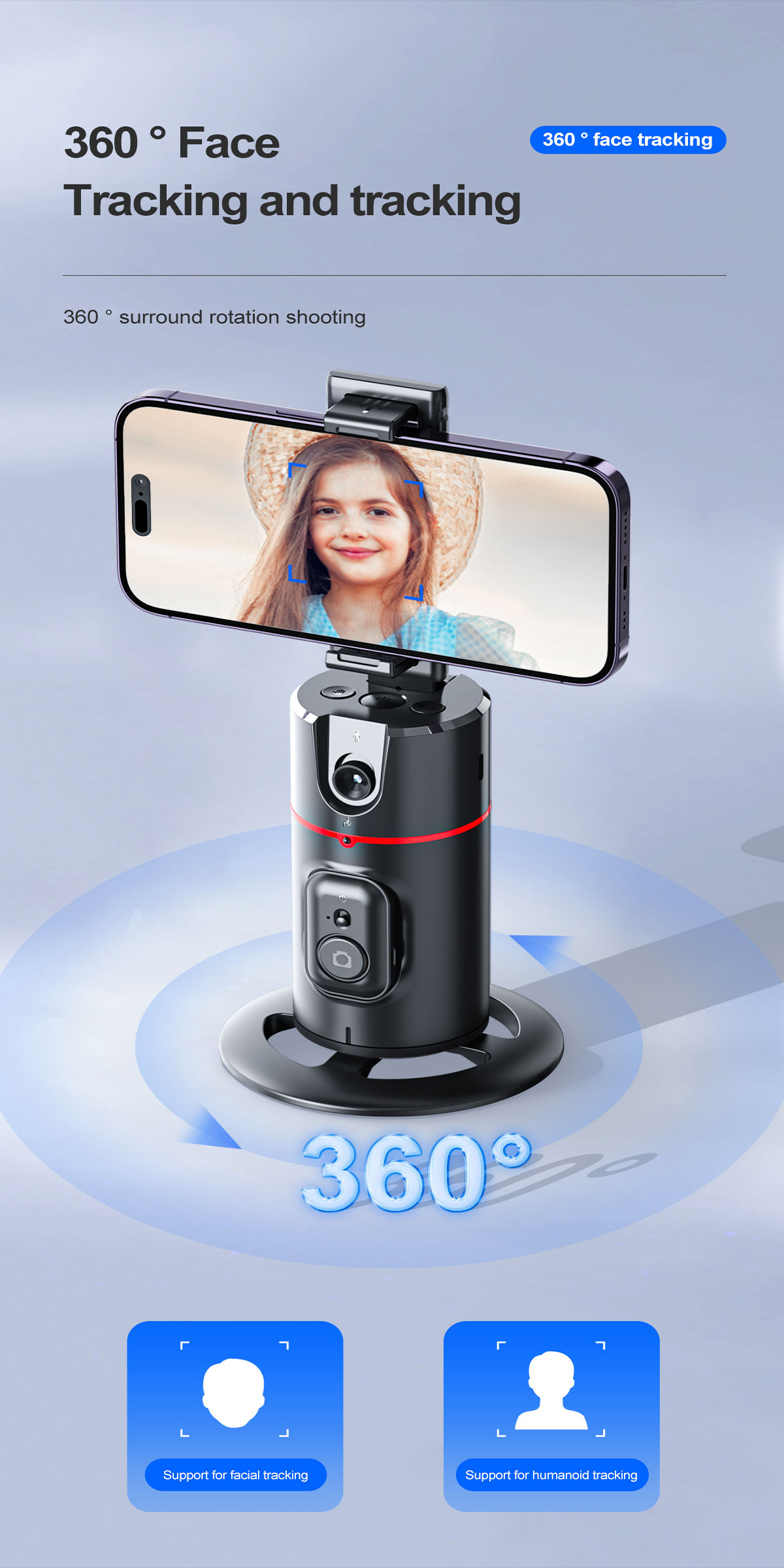 Upgrated 360° Rotation Smart Auto Face Tracking Tripod with BT Wireless ...